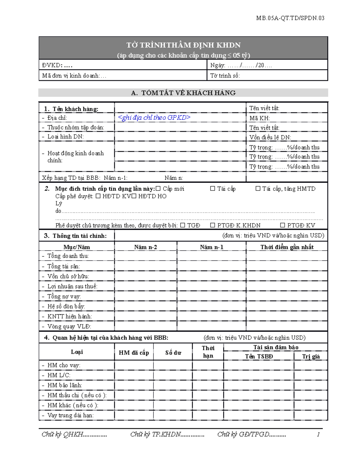 Mau To trinh cap tin dung KHDN - TỜ TRÌNHTHẨM ĐỊNH KHDN (áp dụng cho ...