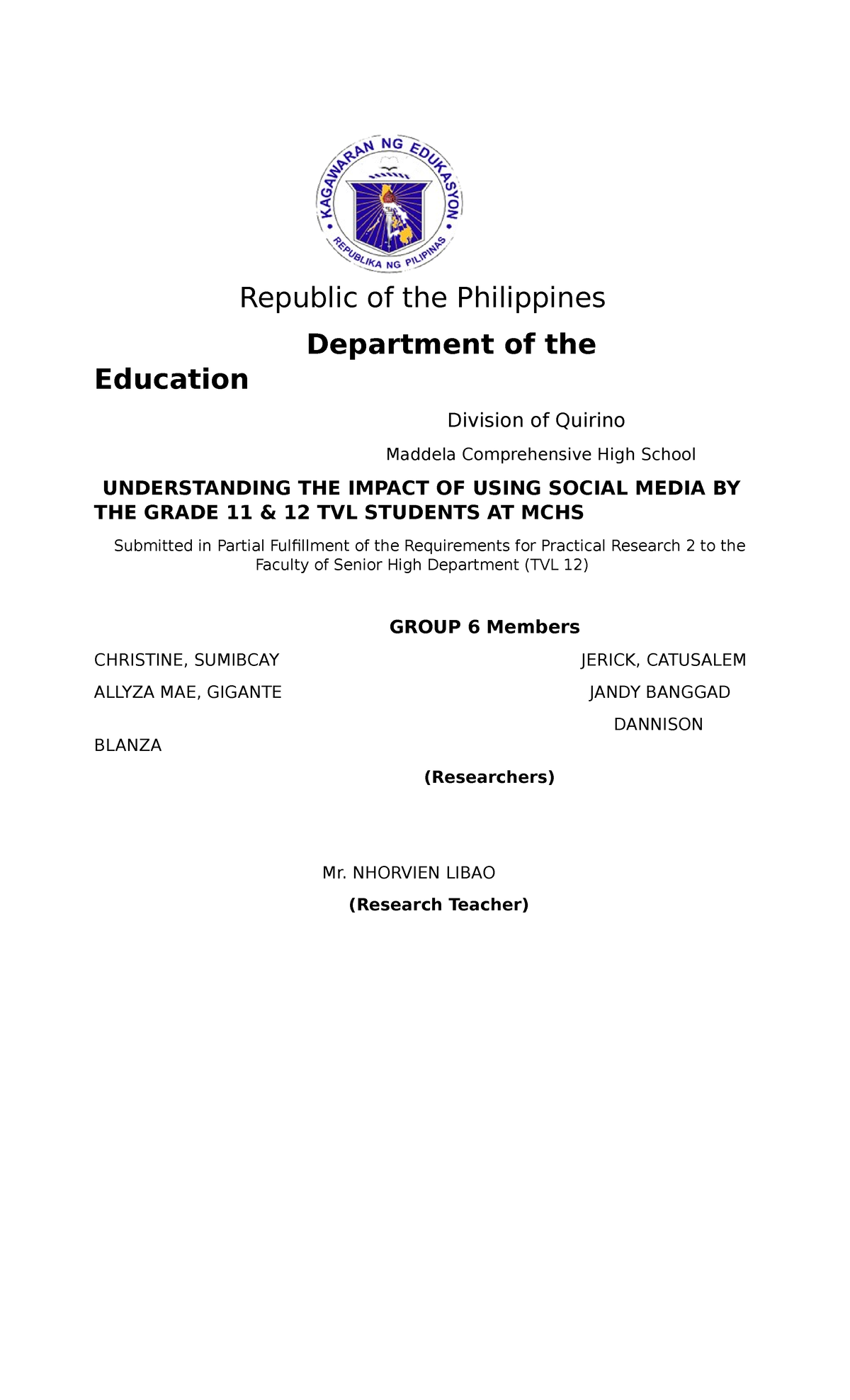 Final research paper - this is good. - Republic of the Philippines ...