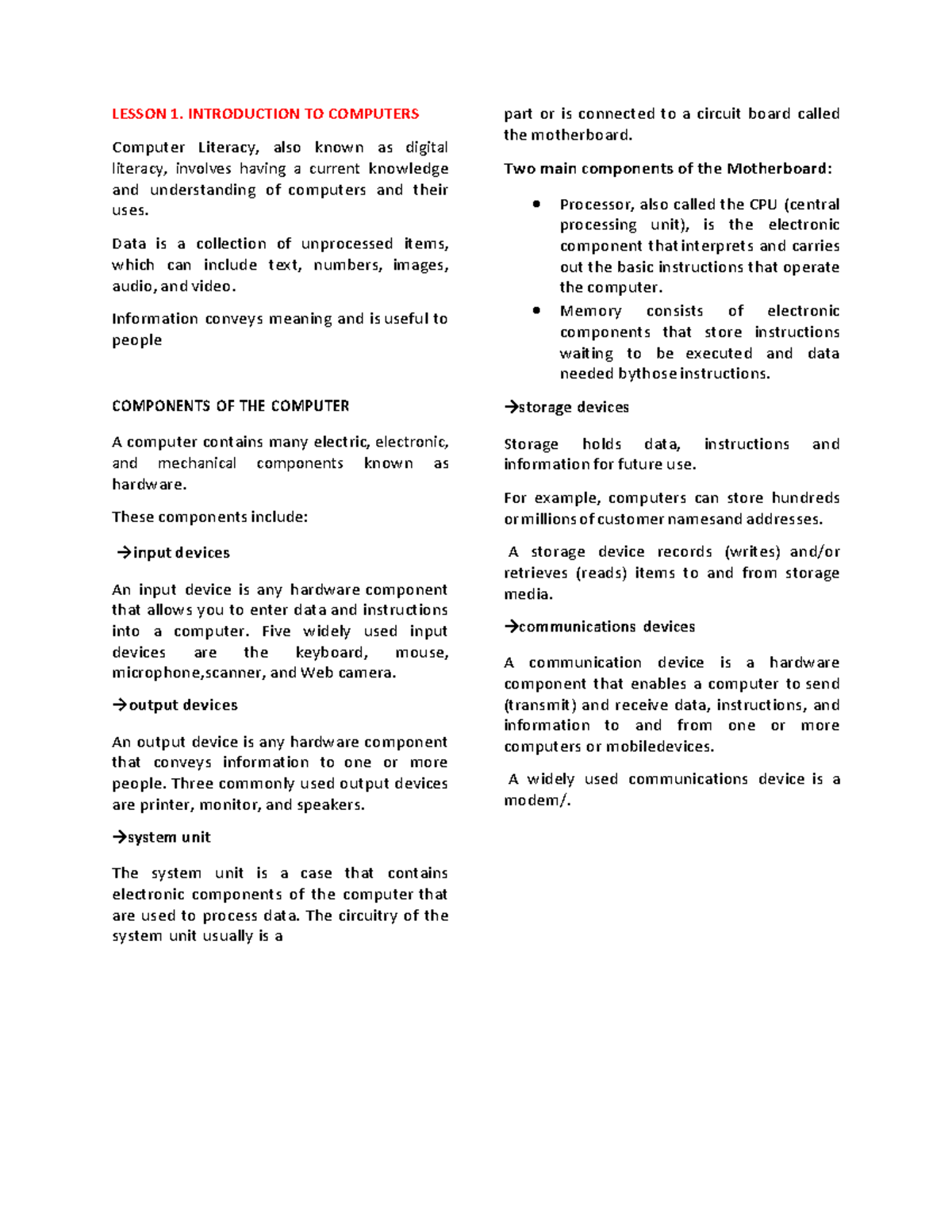 IT Chapter 1 and 2 - AAAA - LESSON 1. INTRODUCTION TO COMPUTERS ...