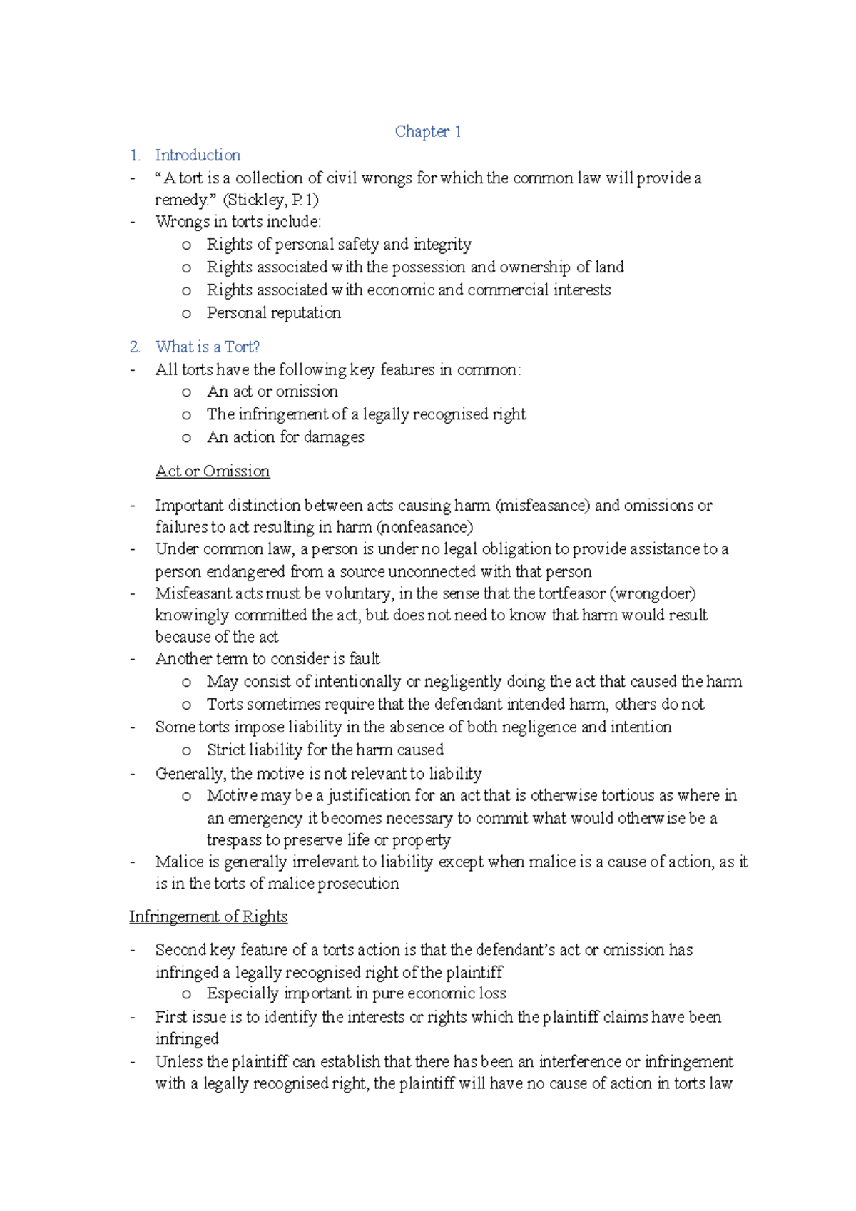 Chapter 1 - Introduction to Torts - Chapter 1 1. Introduction tort is a ...