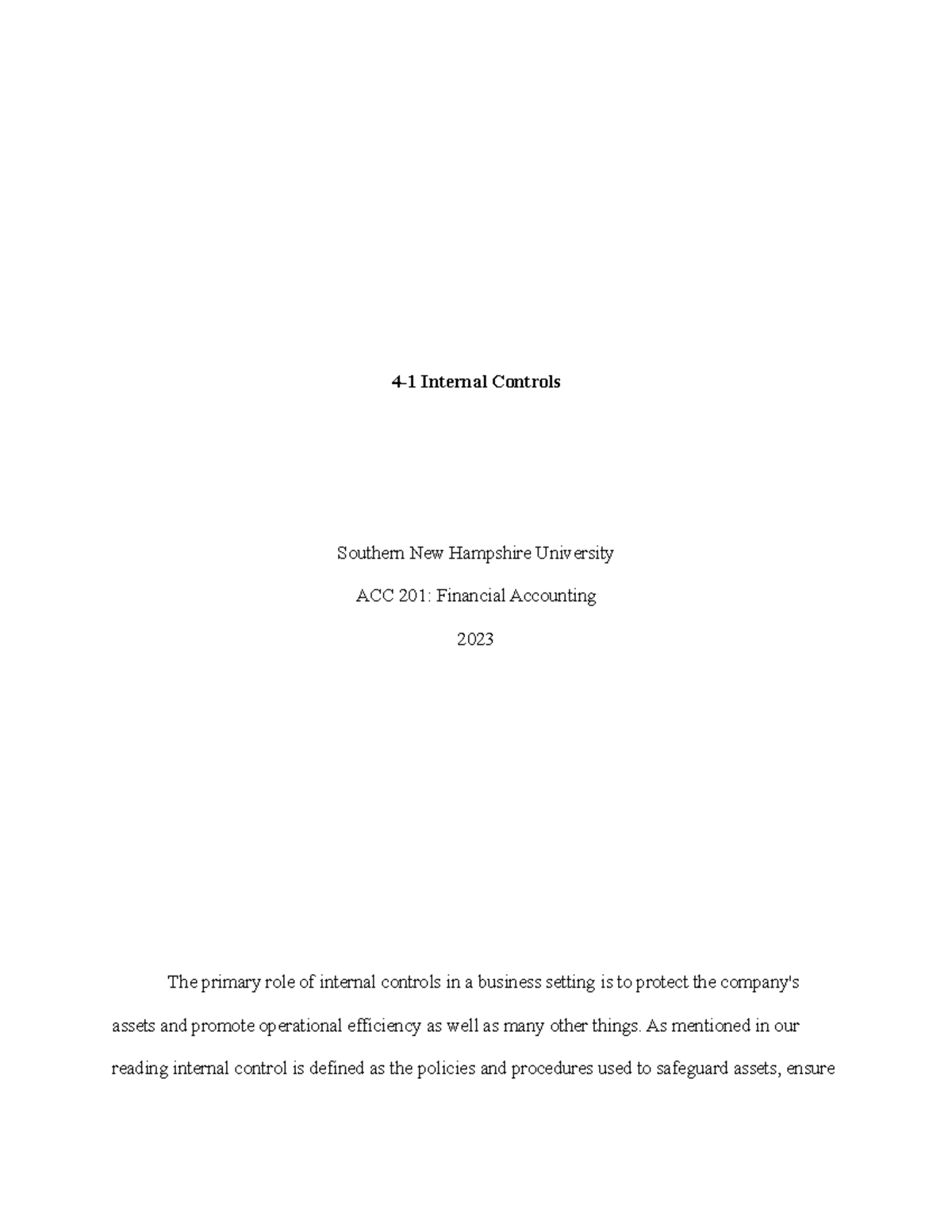 Acc 201 Mod 4 Assignment - 4-1 Internal Controls Southern New Hampshire ...