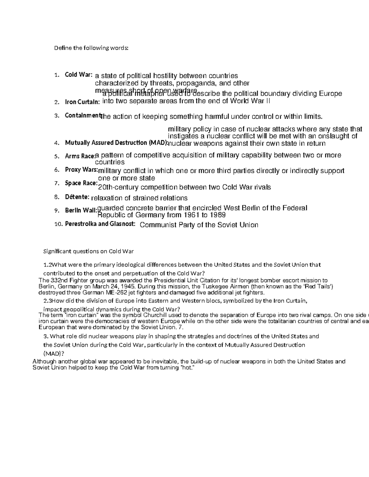 Intro to Cold War - kjfn.kwnjg - Define the following words: 1. Cold ...