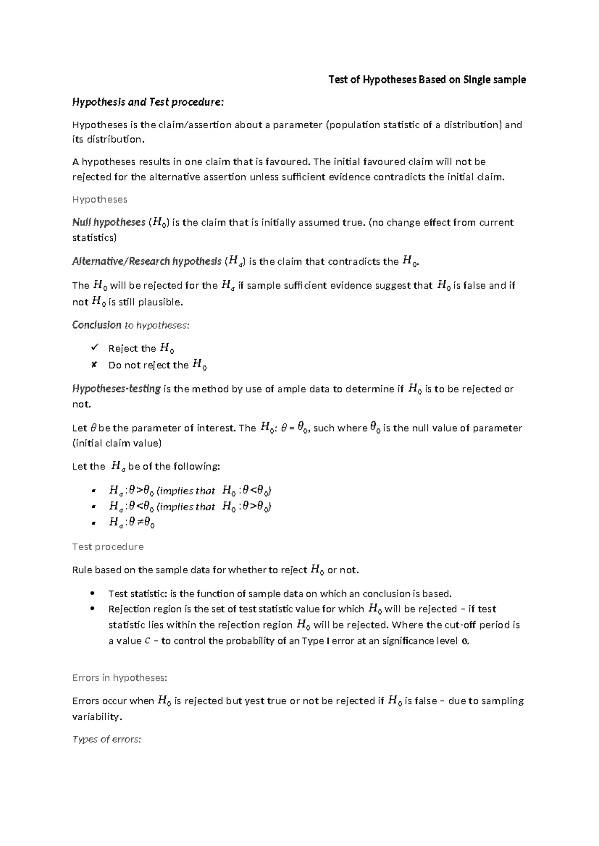 Test Of Hypotheses Based On Single Sample Test Of Hypotheses Based On Single Sample Hypothesis