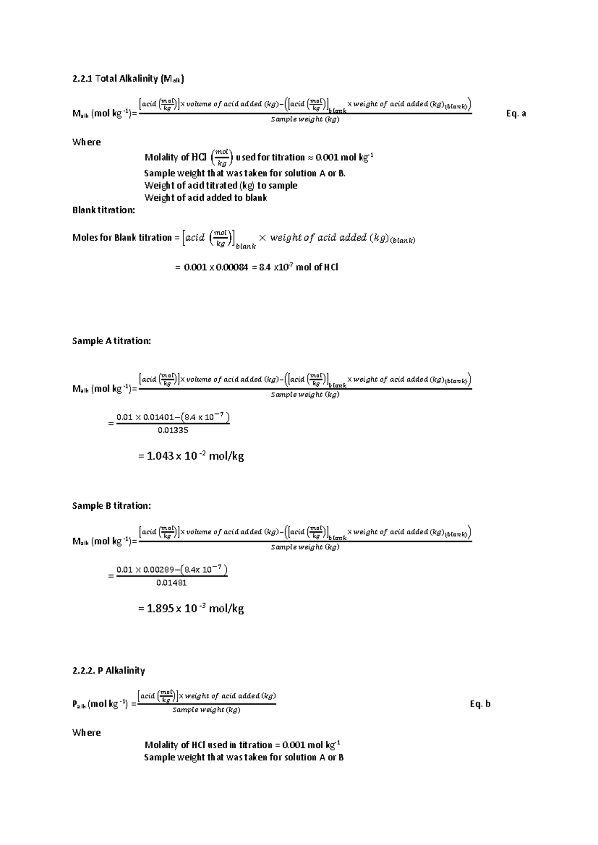 P2 Cal - P2 Calculation - 2 .2 Total Alkalinity (Malk) Malk (mol kg - 1 ...