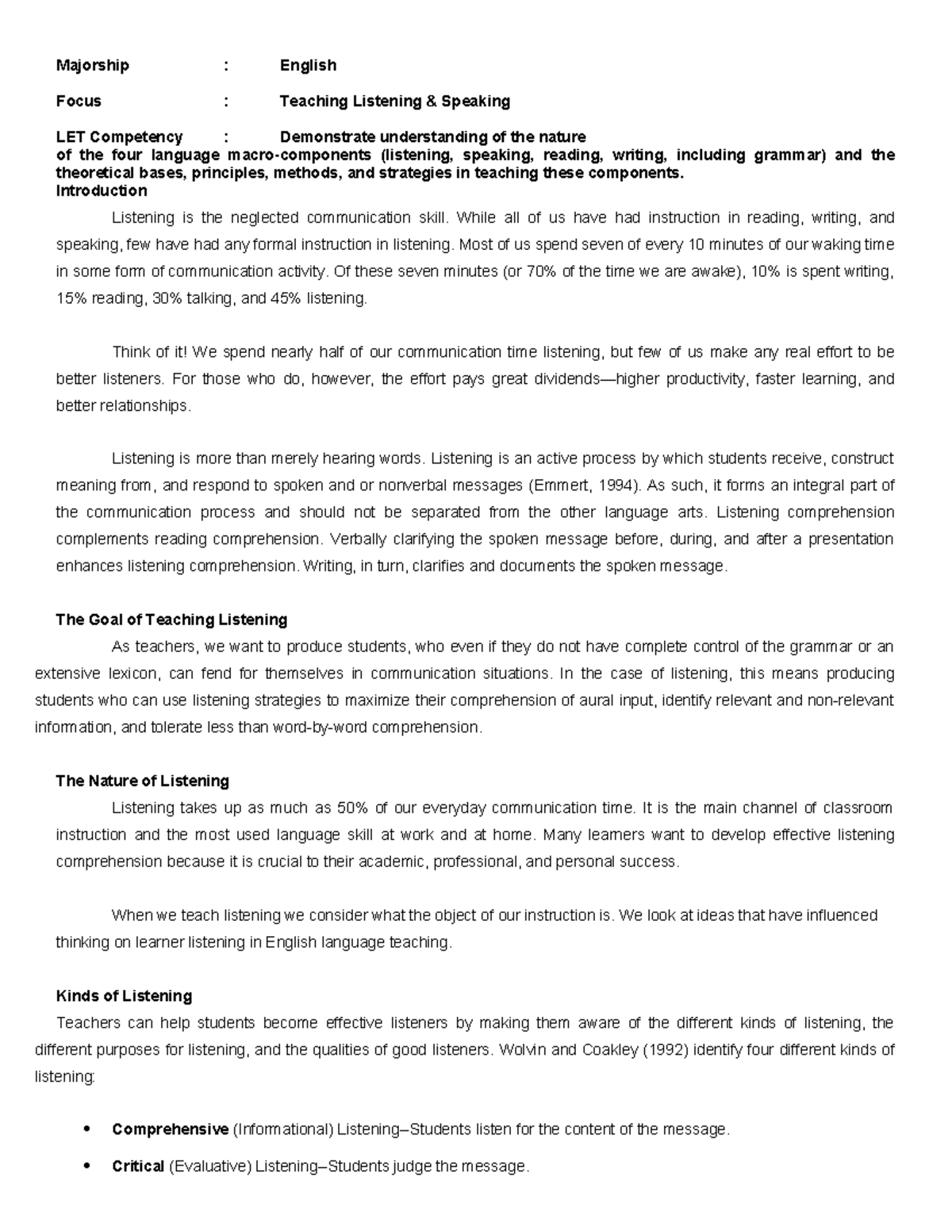 Teaching Listening & Speaking - Majorship : English Focus : Teaching ...