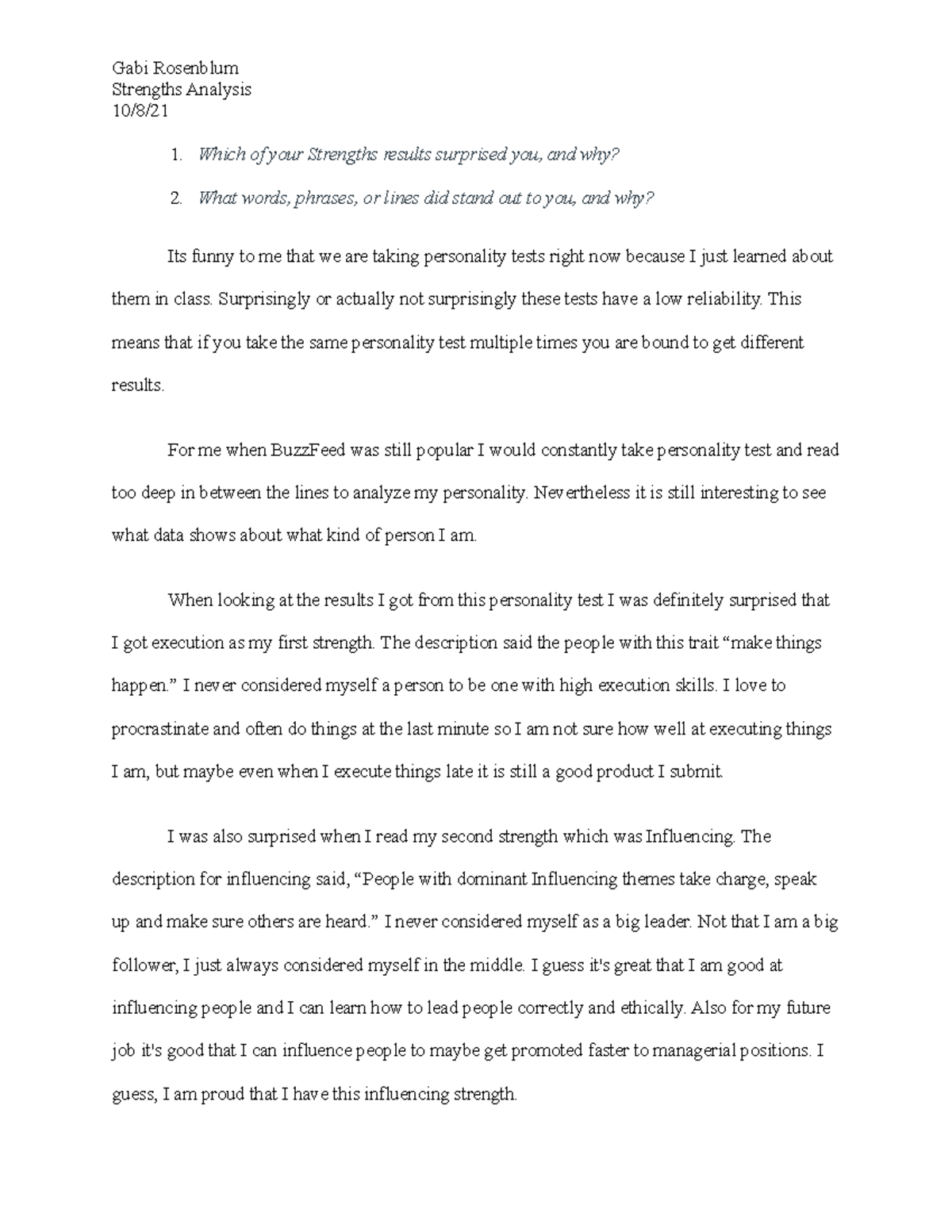 Strenghts and good - Gabi Rosenblum Strengths Analysis 10/8/ 1. Which ...