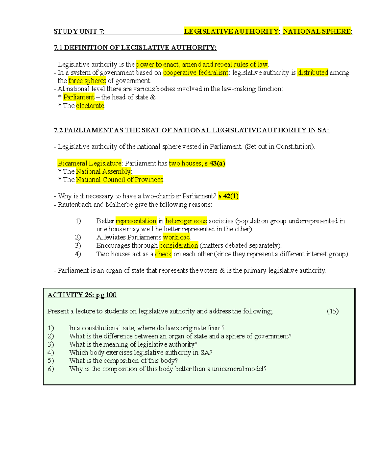 CSL2601 7 Legislative Authority - ACTIVITY 26: pg 100 Present a lecture ...