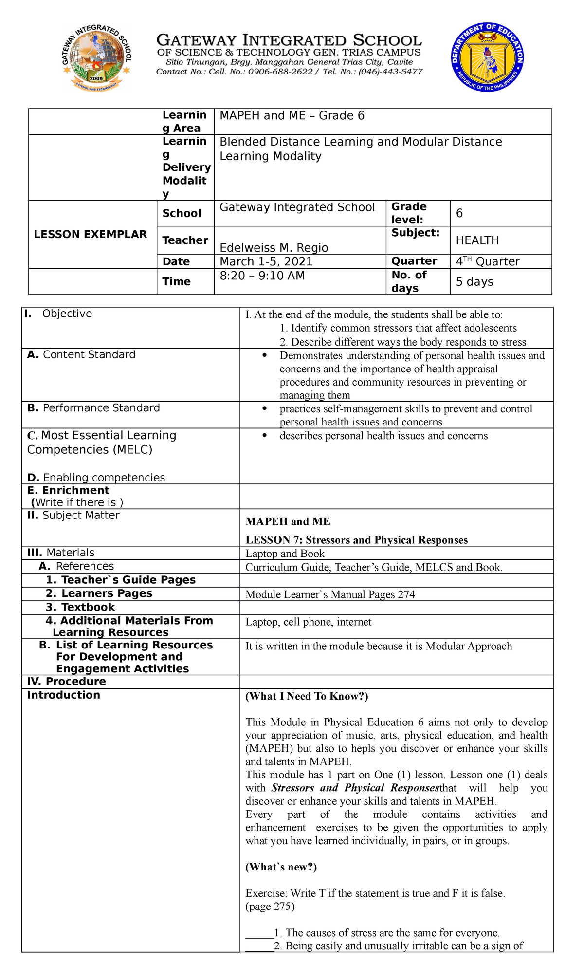 Exemplar Quarter 2.3 - Health-6 for lesson 6 - Learnin g Area MAPEH and ...