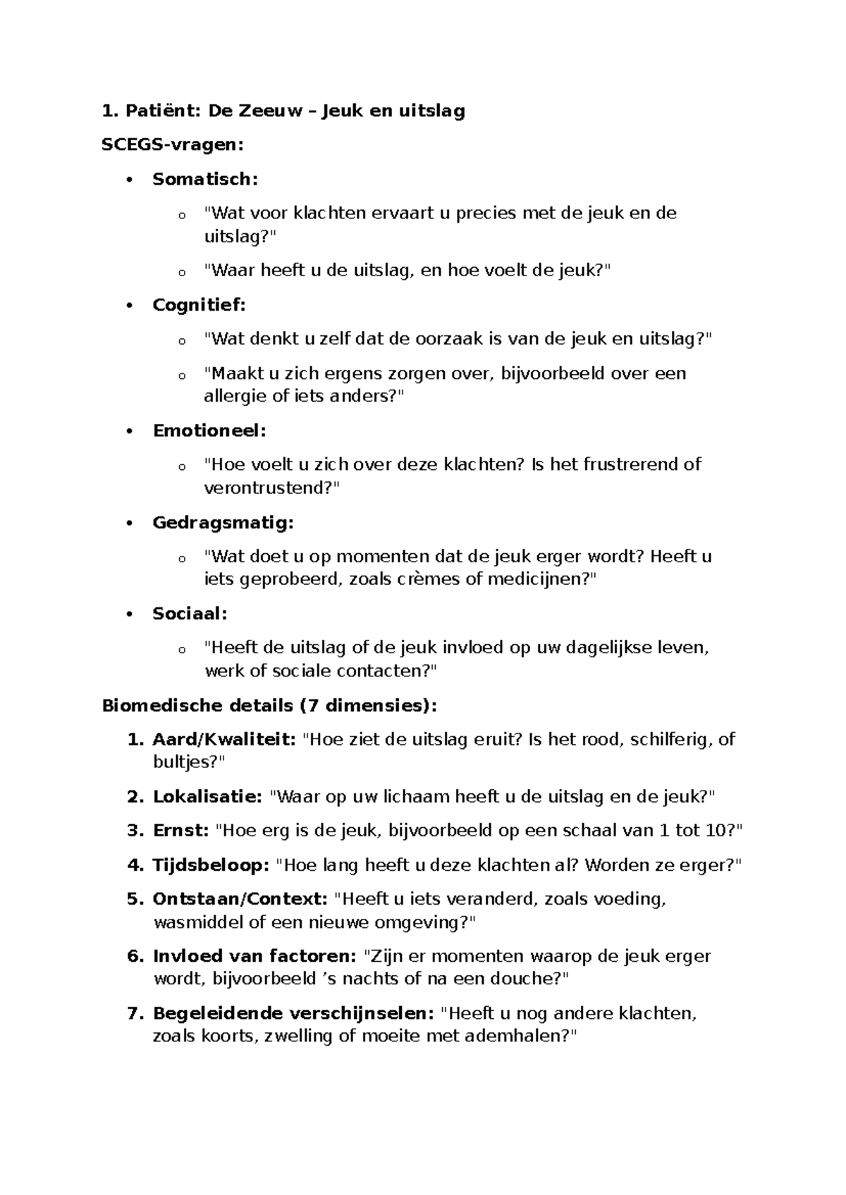 Cassusen - SCEGS van casussen - 1. Patiënt: De Zeeuw – Jeuk en uitslag ...