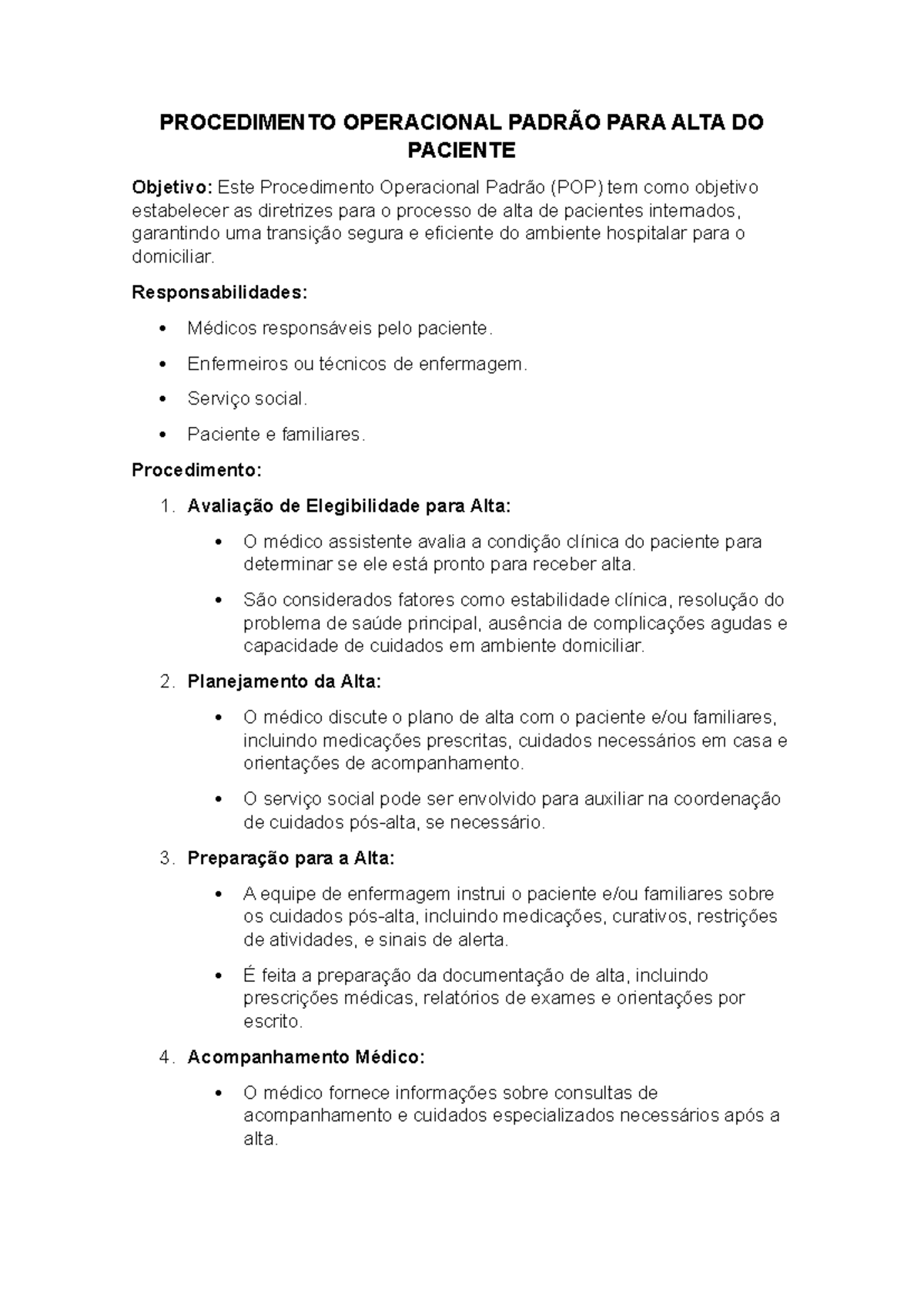 Procedimento Operacional Padrão PARA ALTA DO Paciente - PROCEDIMENTO ...