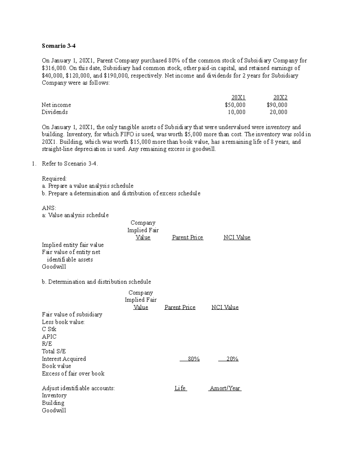 Ch3 qs - notes lecture review - Scenario 3- On January 1, 20X1, Parent ...