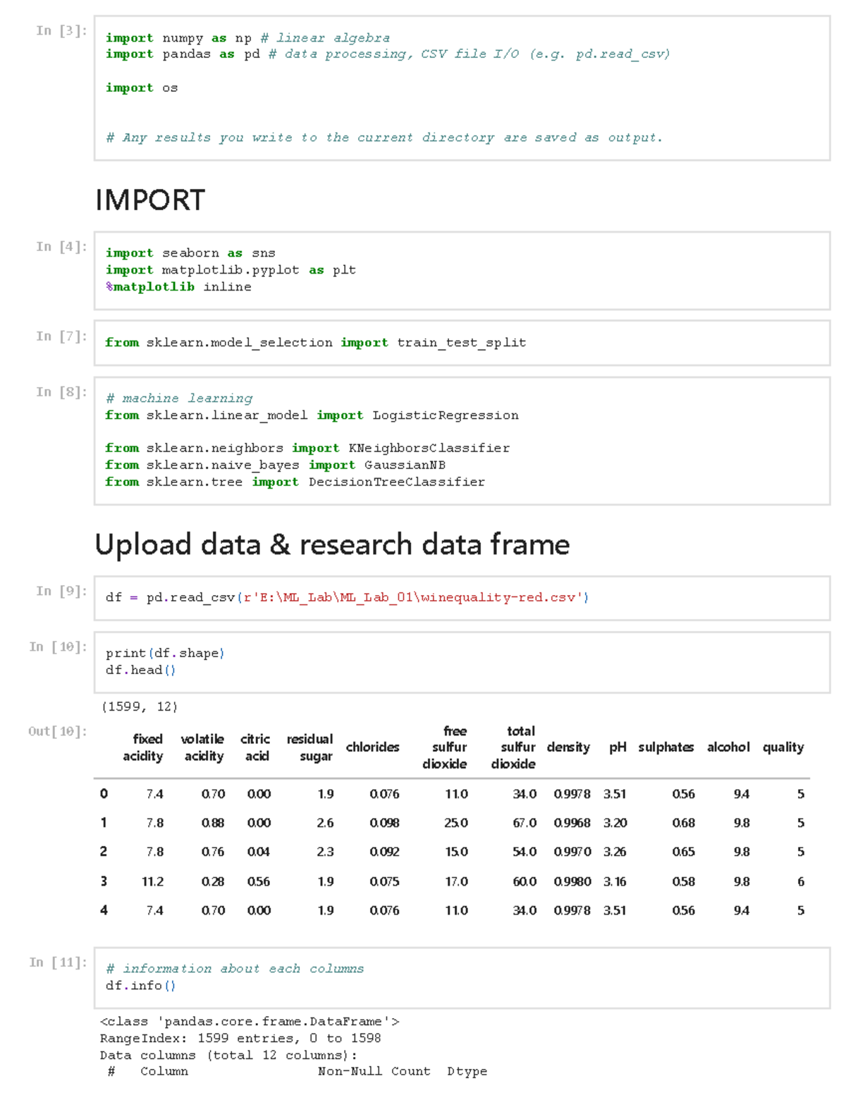 ML Lab 01(LIB) 104 - IMPORT Upload data & research data frame (1599, 12 ...