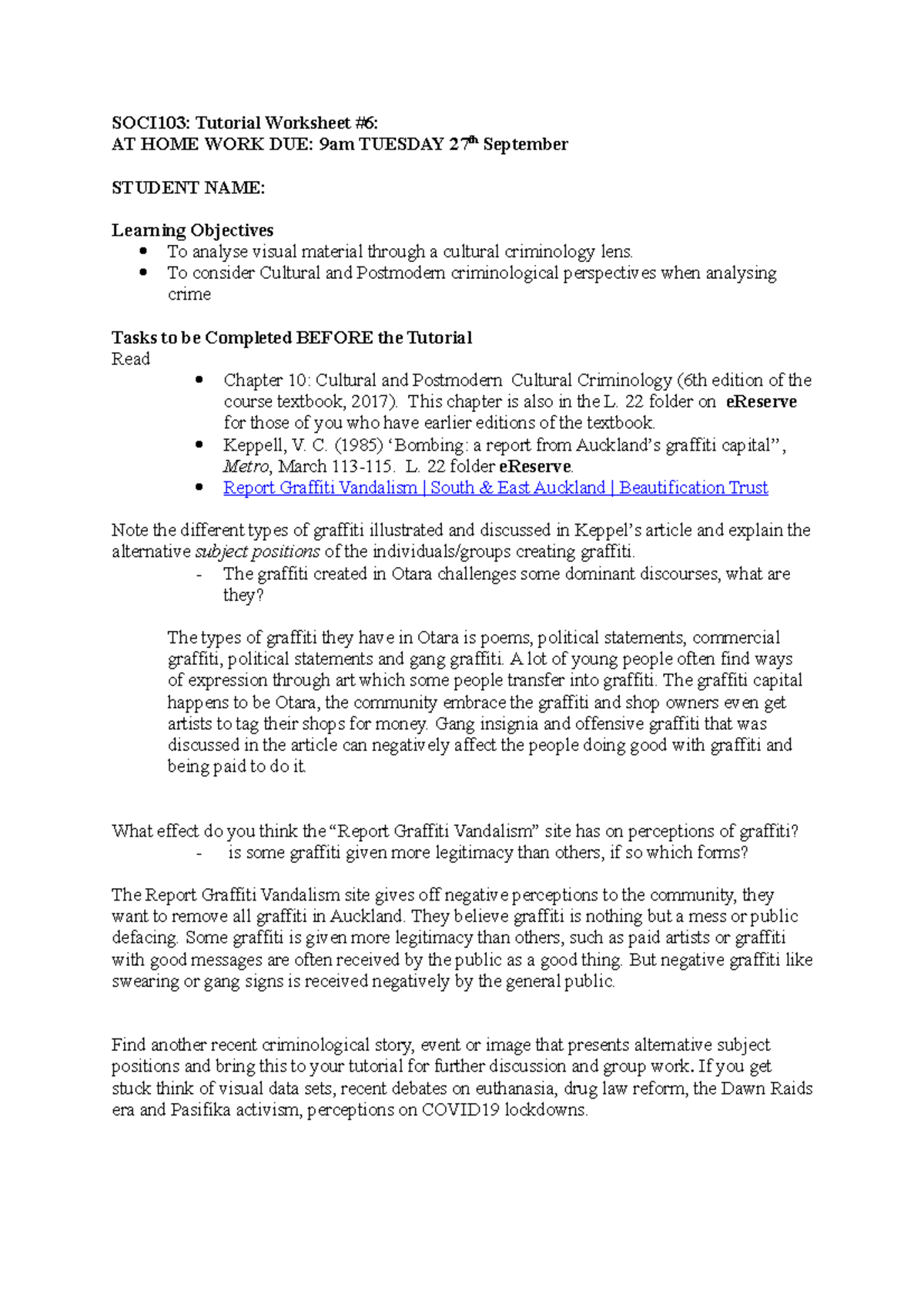 Tut worksheet on graffiti - SOCI103: Tutorial Worksheet #6: AT HOME ...