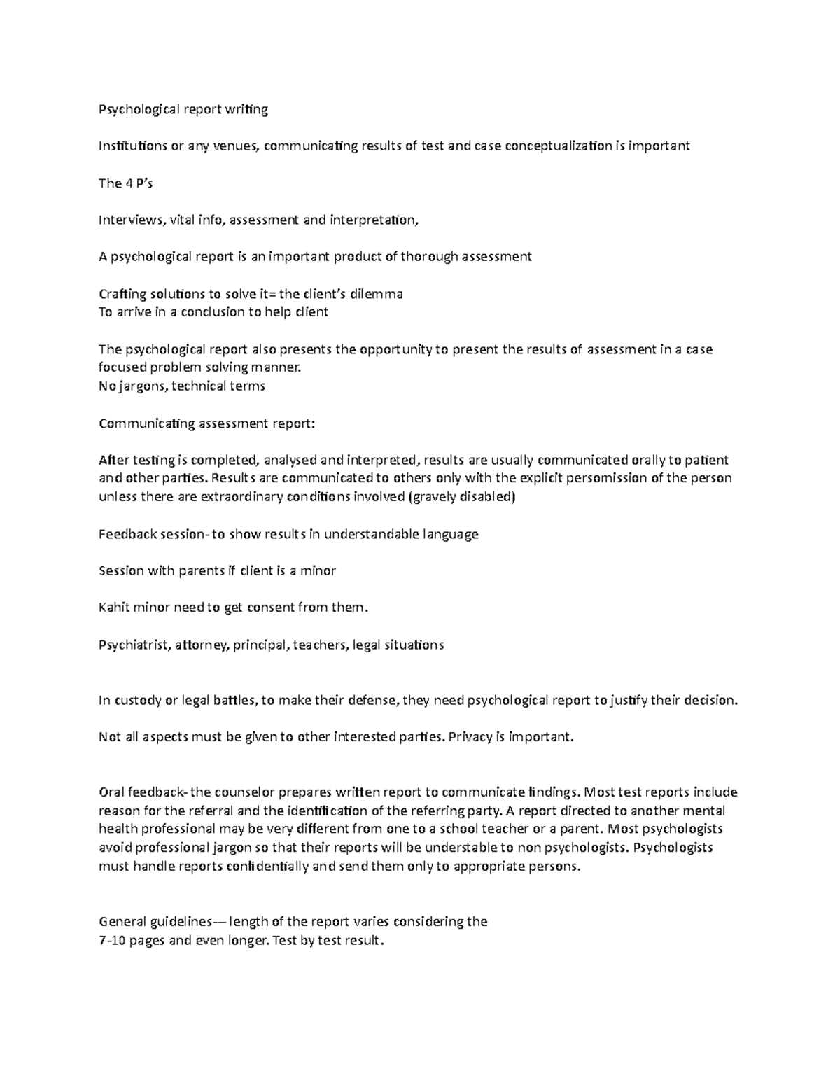 Psych report notes - Psychological report writing Institutions or any ...