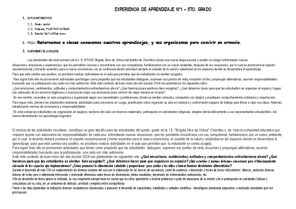 Experiencia DE Aprendizaje N° 0-Marzo 3 Grado 2024 - EXPERIENCIA DE APRENDIZAJE N°1 – 5TO. GRADO ...