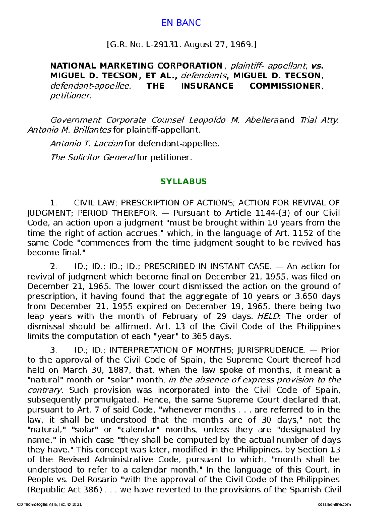 16. Namarco v. Teczon - Case Law - EN BANC [G. No. L-29131. August 27 ...