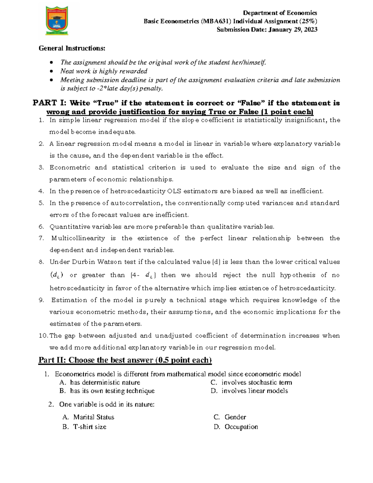 Individual Assignment(25%) BC - Department of Economics Basic Econometrics (MBA631) Individual ...