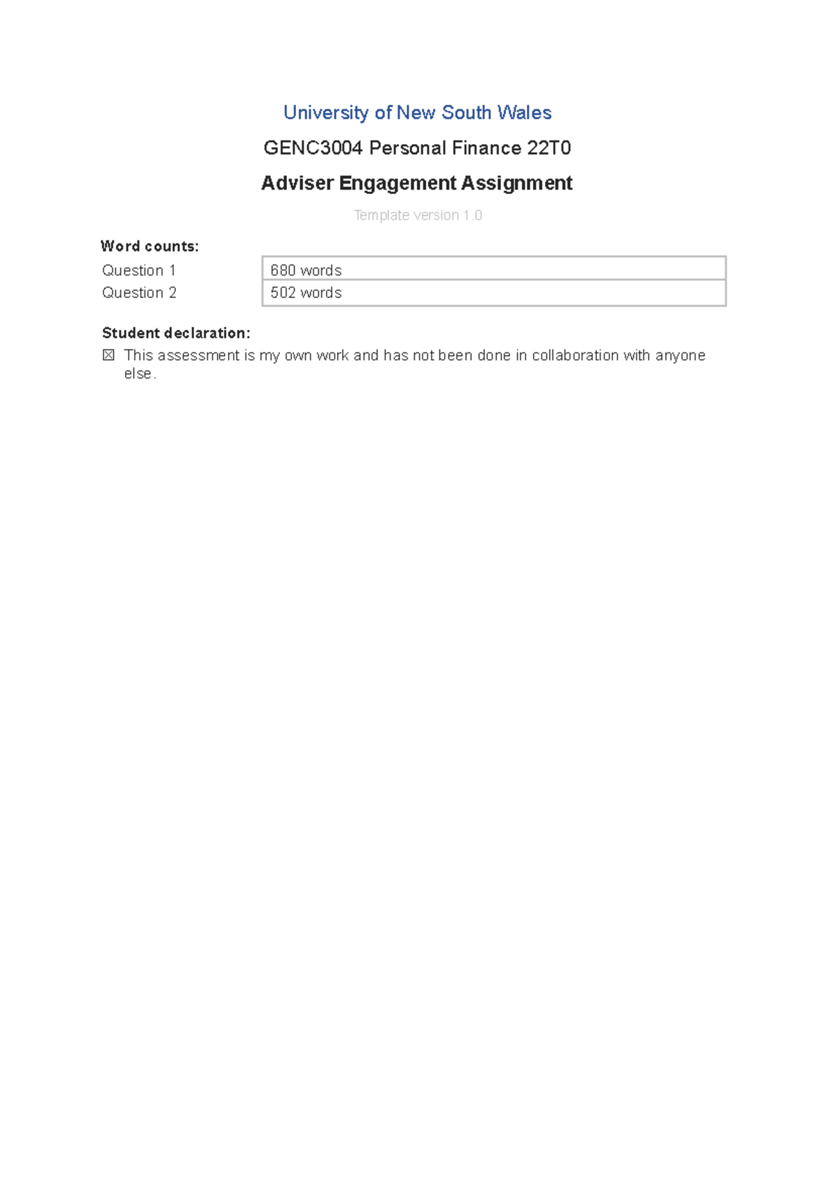 Adviser Engagement Assignment - GENC3004 - UNSW Sydney - Studocu