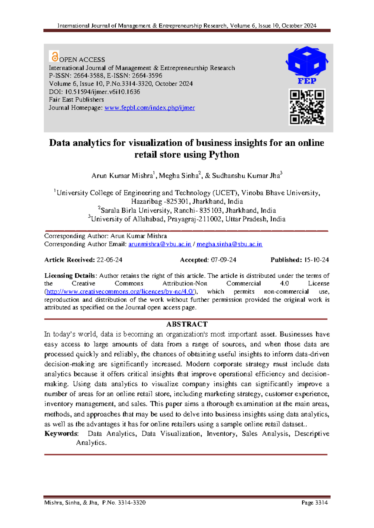 Data analytics for visualization of business insig - ac / megha@sbu.ac Article Received: 22-06 ...