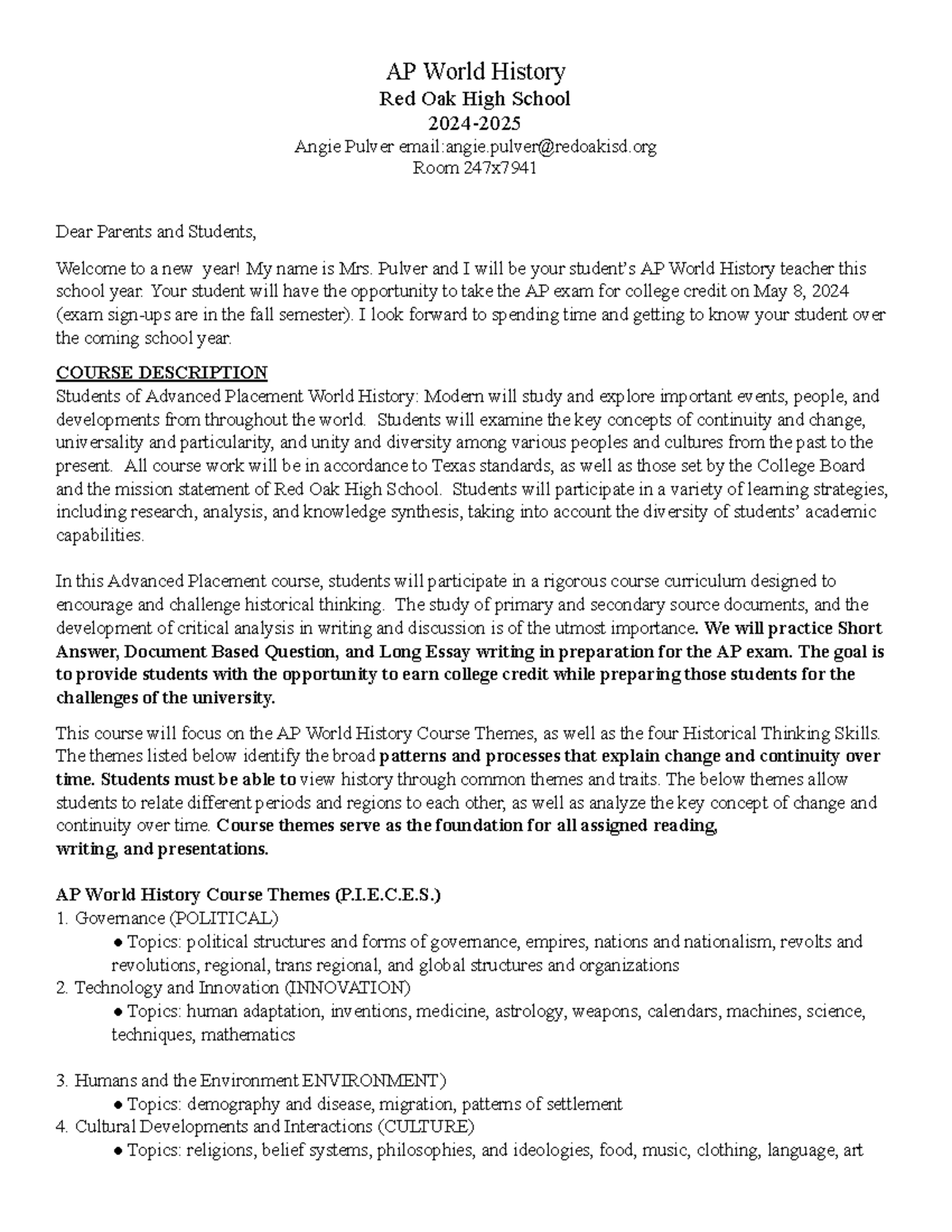 AP world history syllabus - AP World History Red Oak High School 2024 ...