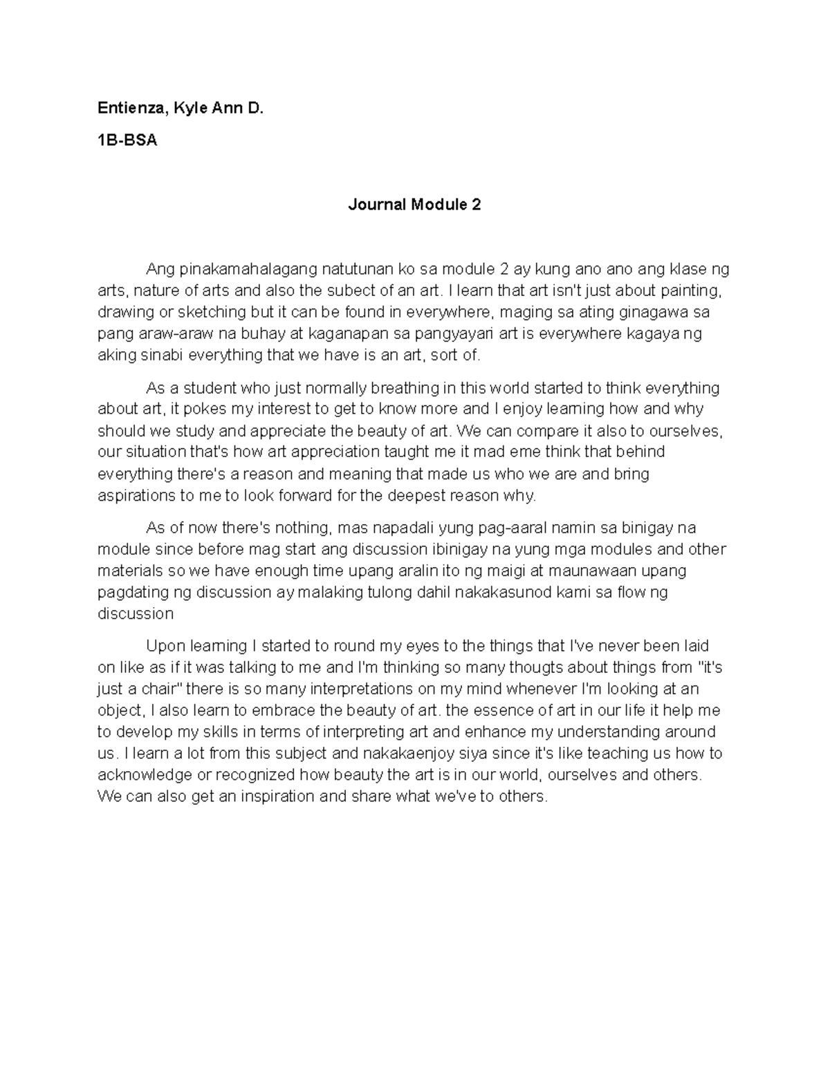 Reflection paper - Entienza, Kyle Ann D. 1B-BSA Journal Module 2 Ang ...