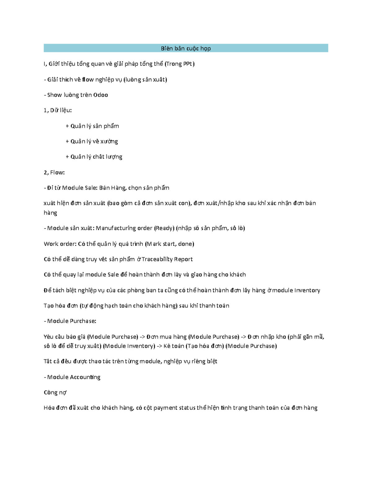 Biên bản cuộc họp sonthach 2 - Biên b n cu c h pả ộ ọ I, Gi i thi u t ng quan vêề gi i pháp t ng ...