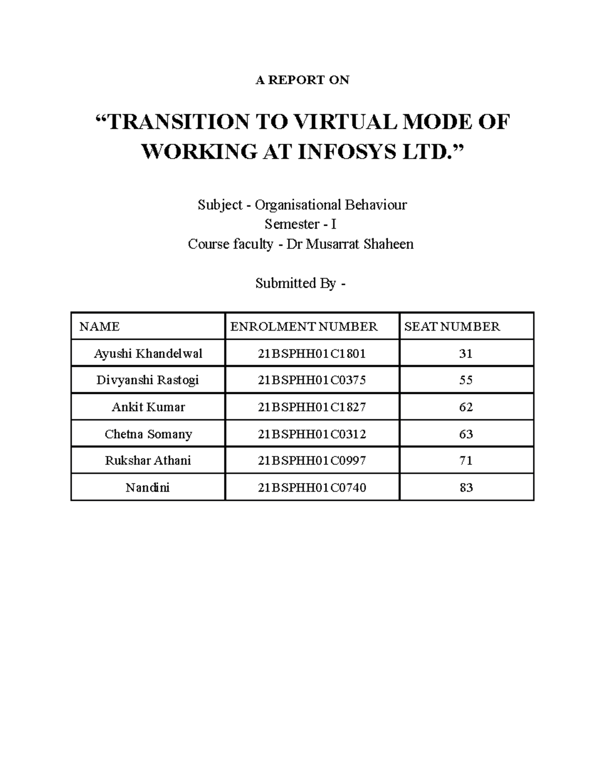 12 OB INFY WFH Report - A REPORT ON “TRANSITION TO VIRTUAL MODE OF ...