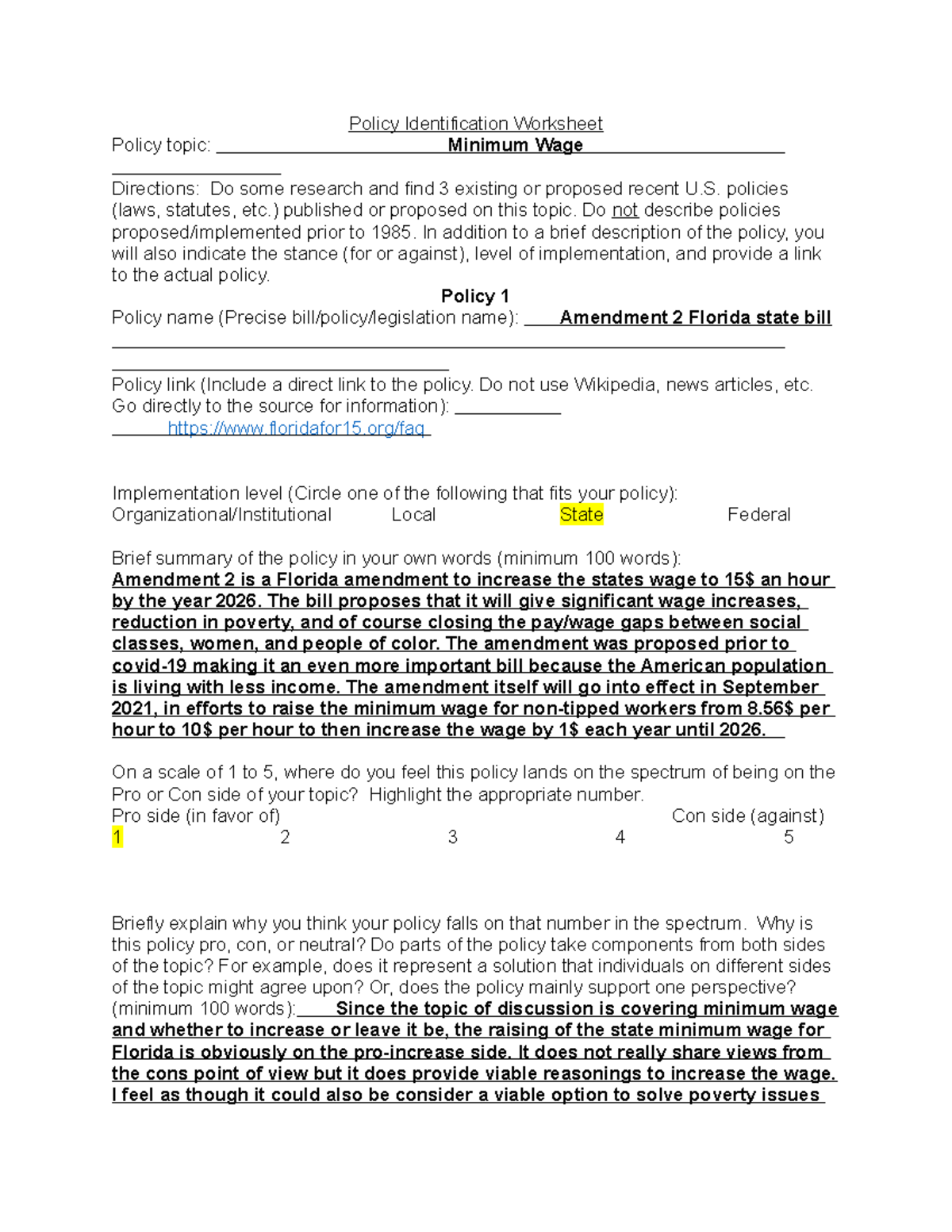 Policy idetification- minimum wage - Policy Identification Worksheet ...