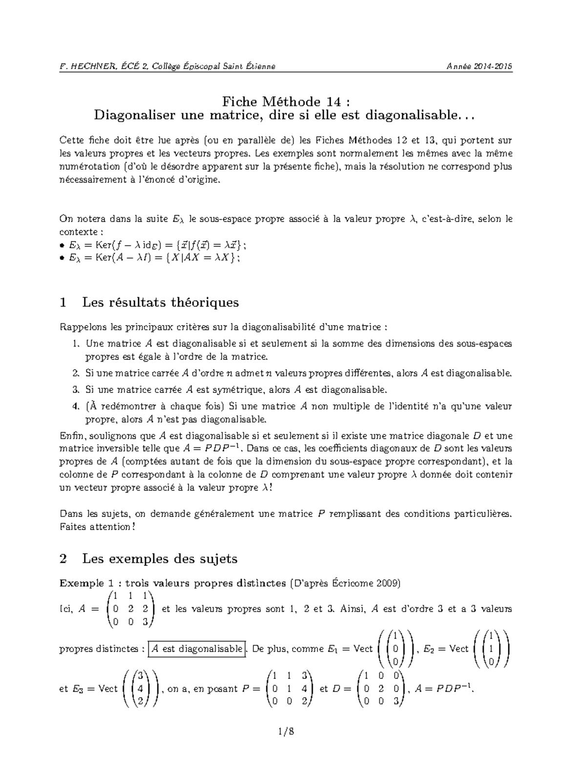 Fiche M 14-Diagonalisation - Fiche Méthode 14 : Diagonaliser une ...