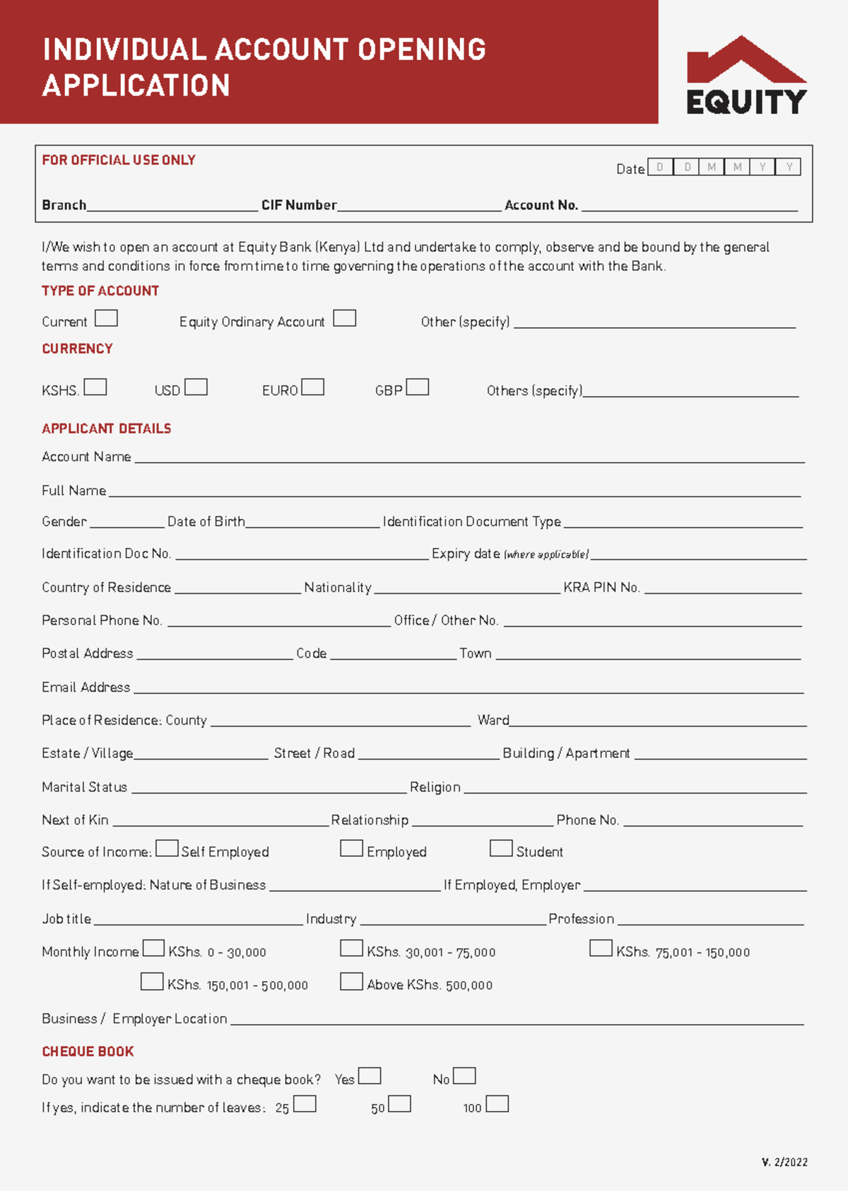 Individual account opening form ke-Equity Bank - INDIVIDUAL ACCOUNT ...