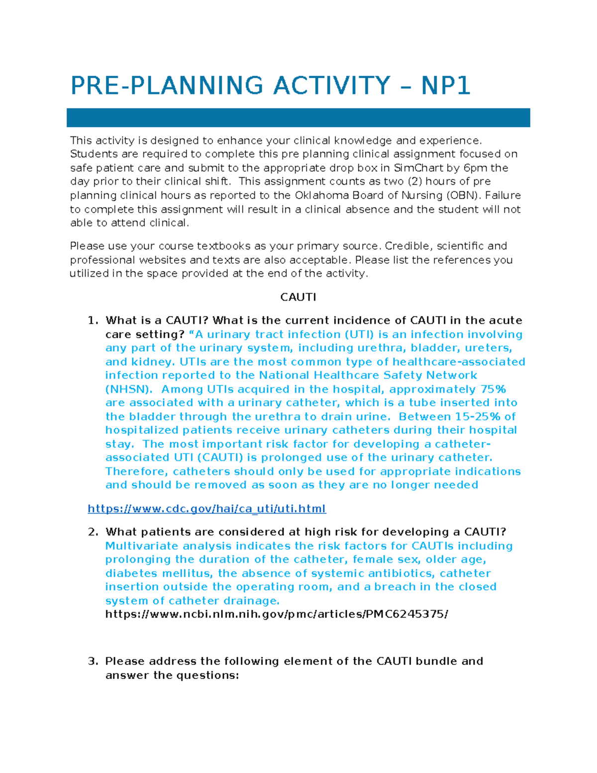 #5 Pre Plan NP1 Cauti student - PRE-PLANNING ACTIVITY – NP This ...