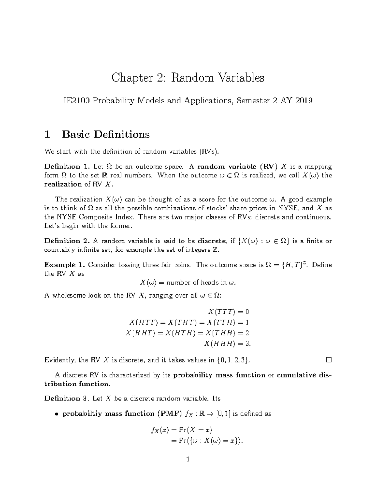 Chap2 - Chapter 2: Random Variables IE2100 Probability Models and Applications, Semester 2 AY 20 ...