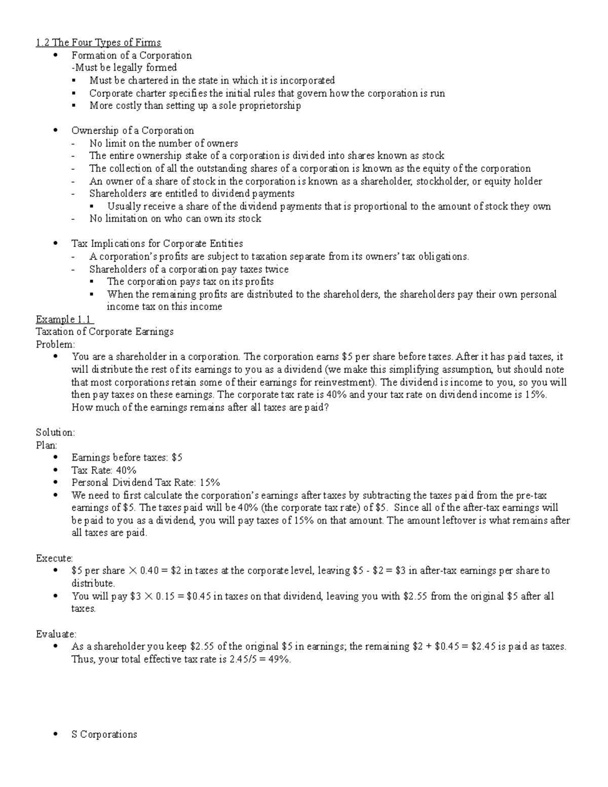 Fin 320 - Lecture 1 - notes - 1 The Four Types of Firms Formation of a ...