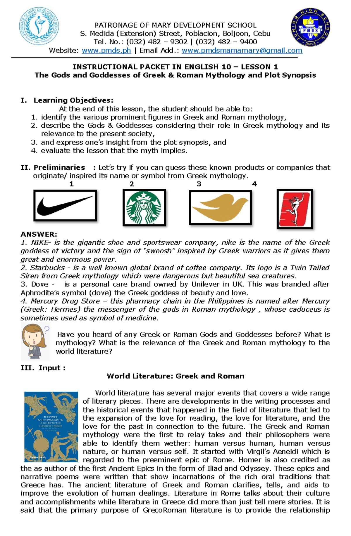 Learning Packet IN Grade 10 - Lesson 1 - PATRONAGE OF MARY DEVELOPMENT ...