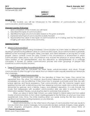 Module 2 Lesson 1 Purposive Communication - GE 5: Purposive Communication Module 2, Lesson 1 ...