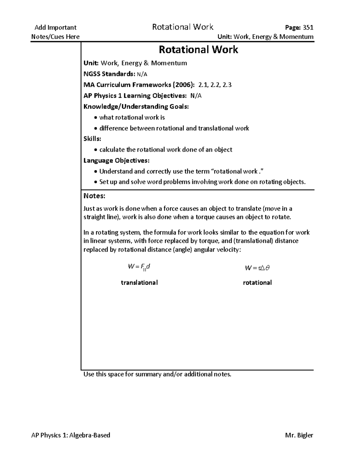Bigler rot energy - Add Important Rotational Work Page: 351 Notes/Cues ...