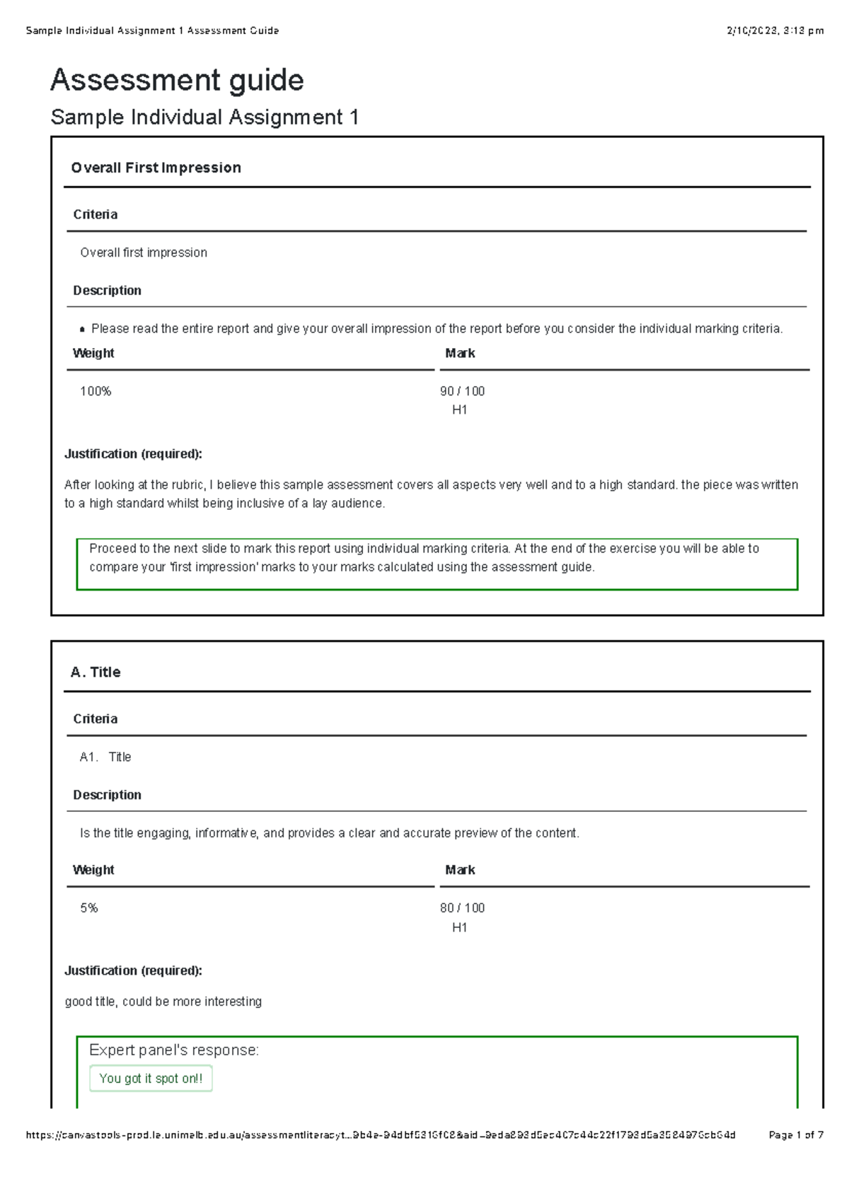 Sample Individual Assignment 1 Assessment Guide - Assessment guide ...