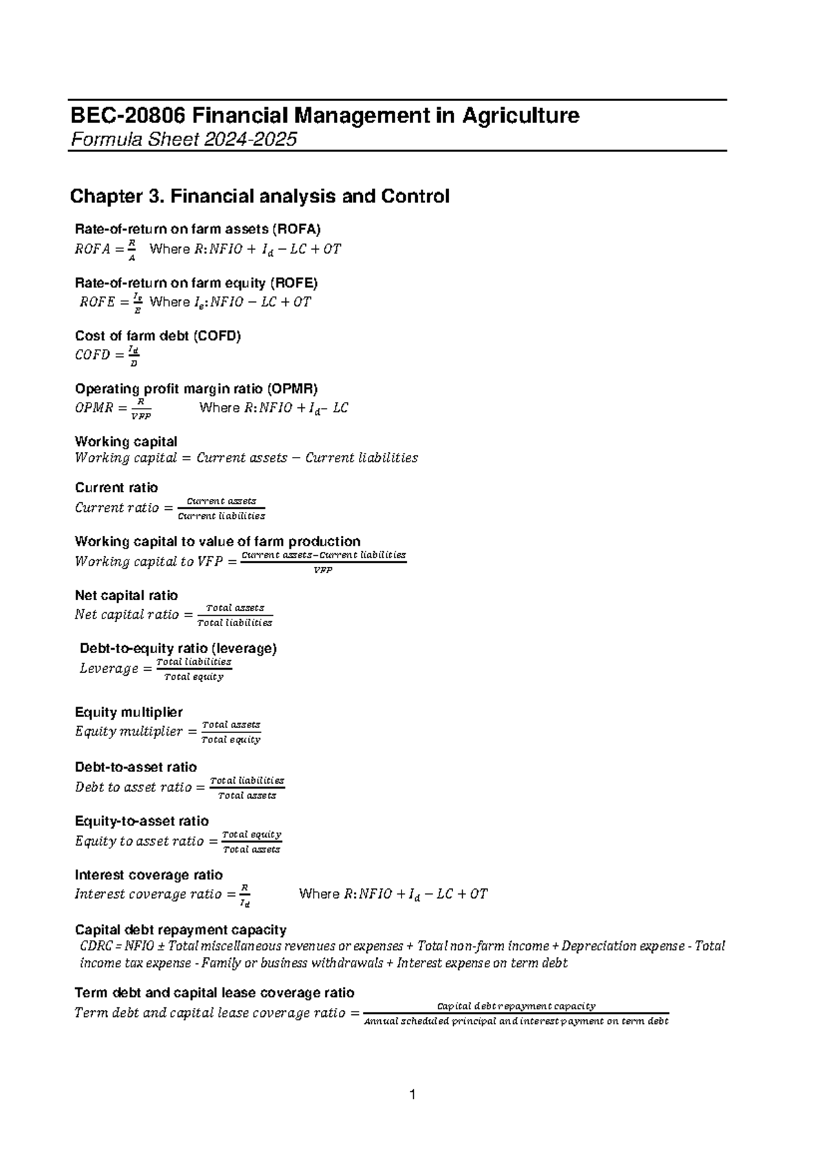 FMA Formula sheet (2024-2025) - BEC-20806 Financial Management in ...