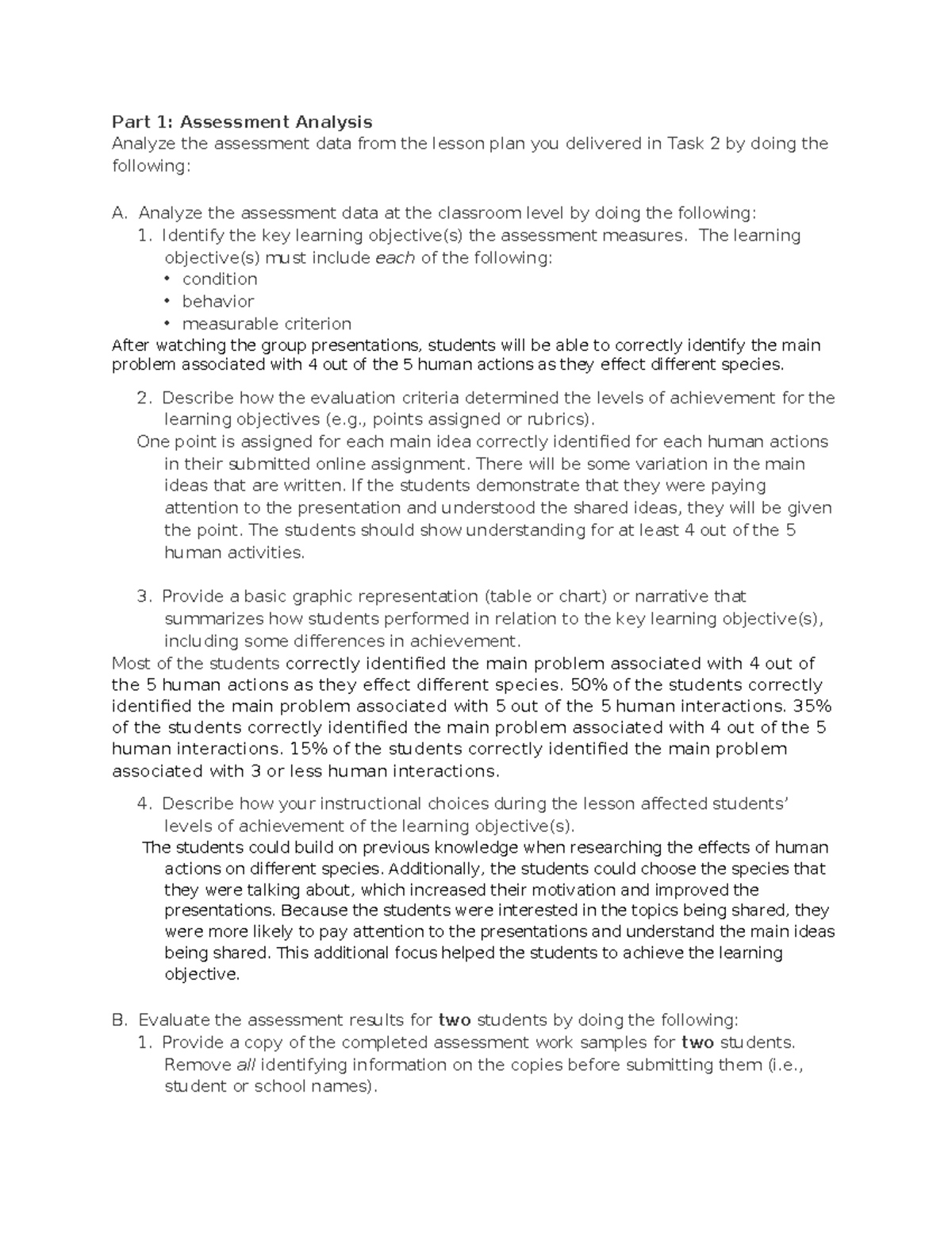 Assessment Analysis Reflection - Part 1: Assessment Analysis Analyze ...