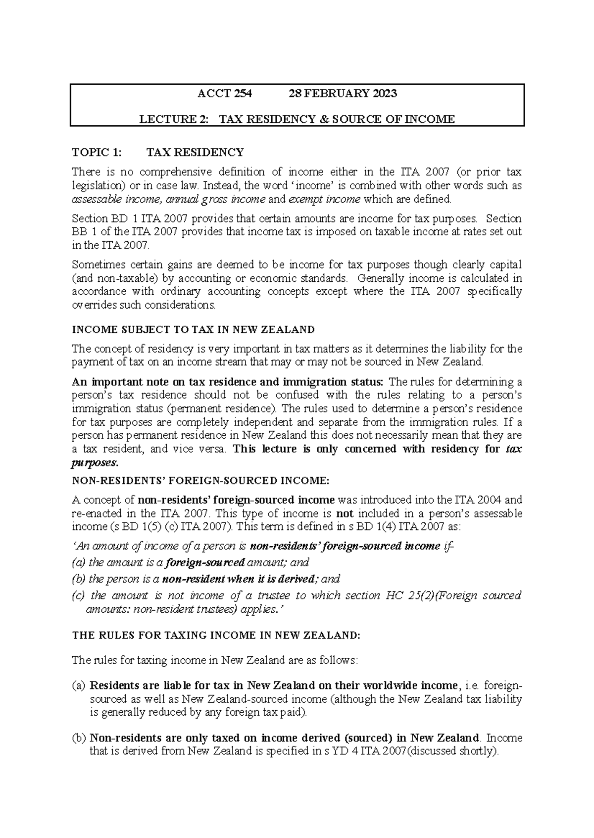 Lecture Two Tax Residency Source of Income 2023 - ACCT 254 28 FEBRUARY ...