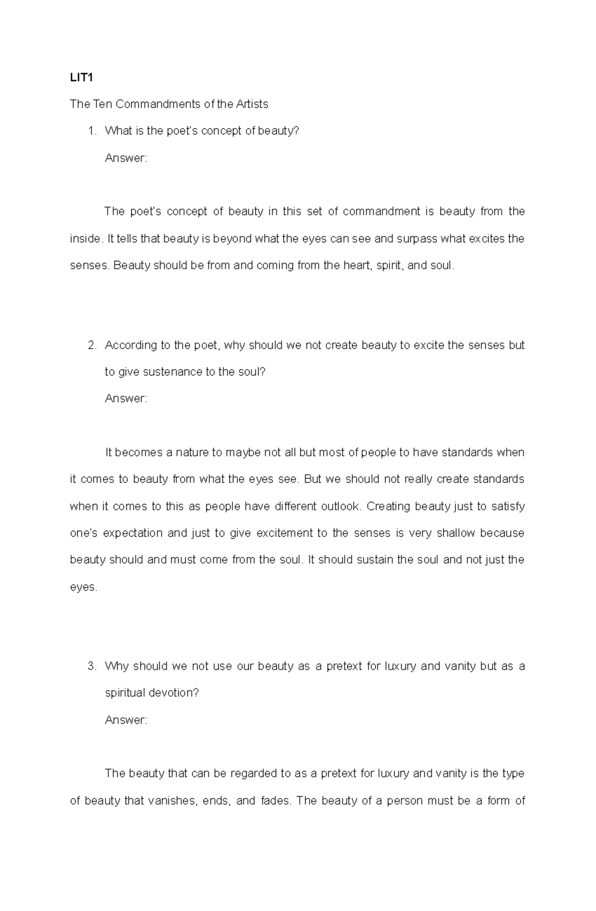 LIT 4 - literature - LIT The Ten Commandments of the Artists 1. What is ...