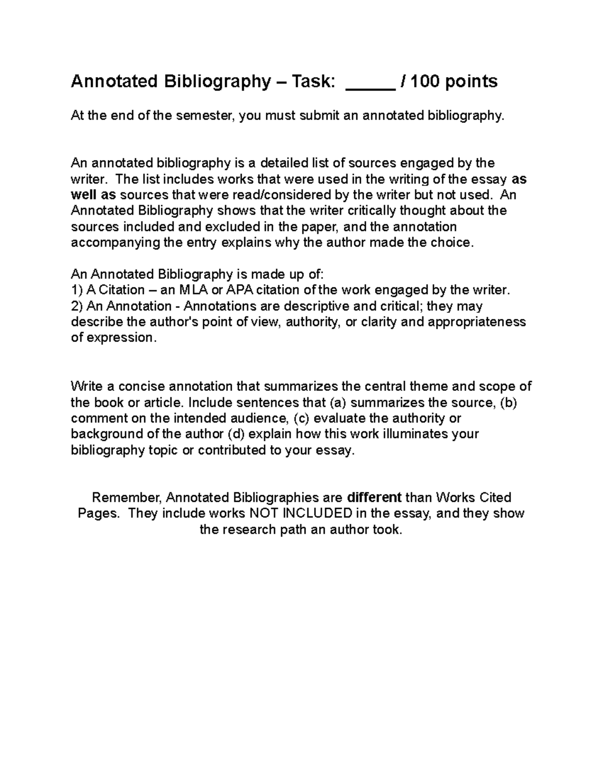 Annotated Bibliography – Task - An annotated bibliography is a detailed ...