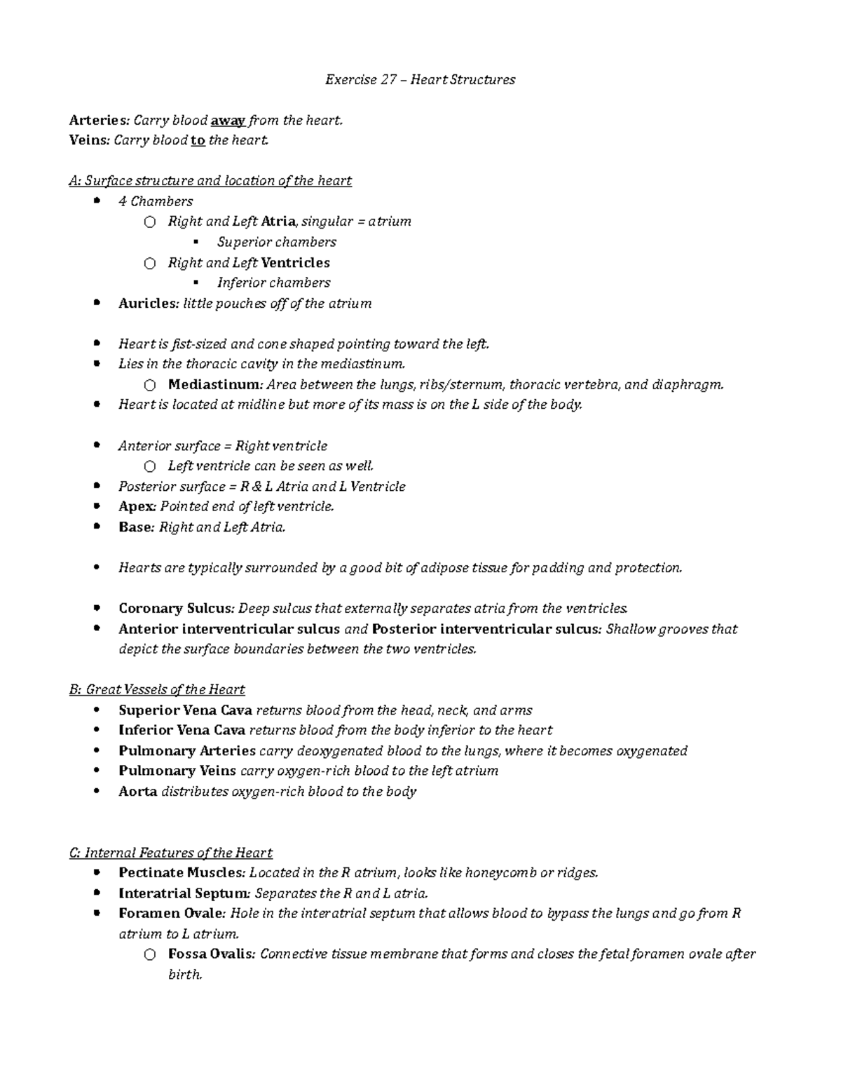 Exercise 27 Heart Structures - Exercise 27 – Heart Structures Arteries ...
