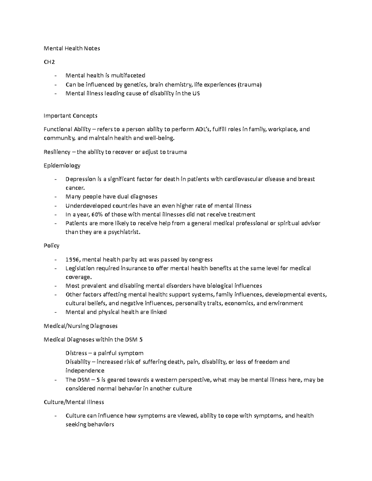 Mental health notes ch 2-11 - Mental Health Notes CH - Mental health is ...