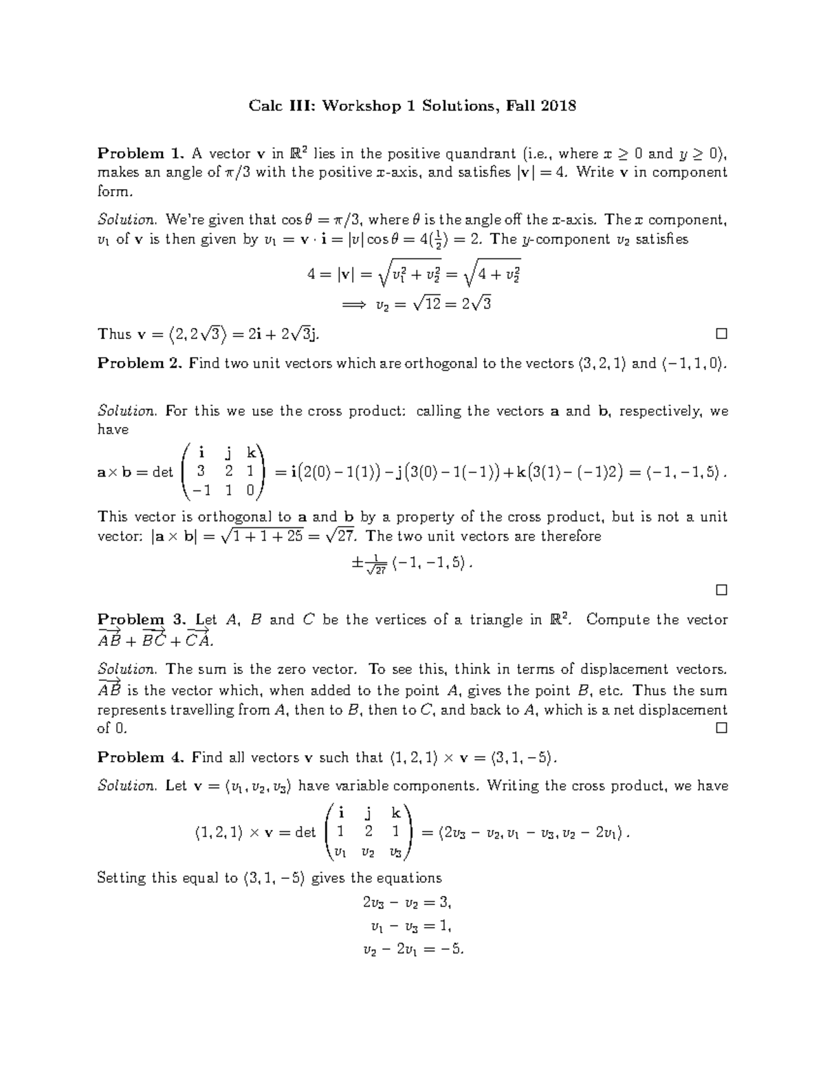 Workshop 1 Solns Step By Step Problem Solving Tutorial Calc Iii Workshop 1 Solutions Fall