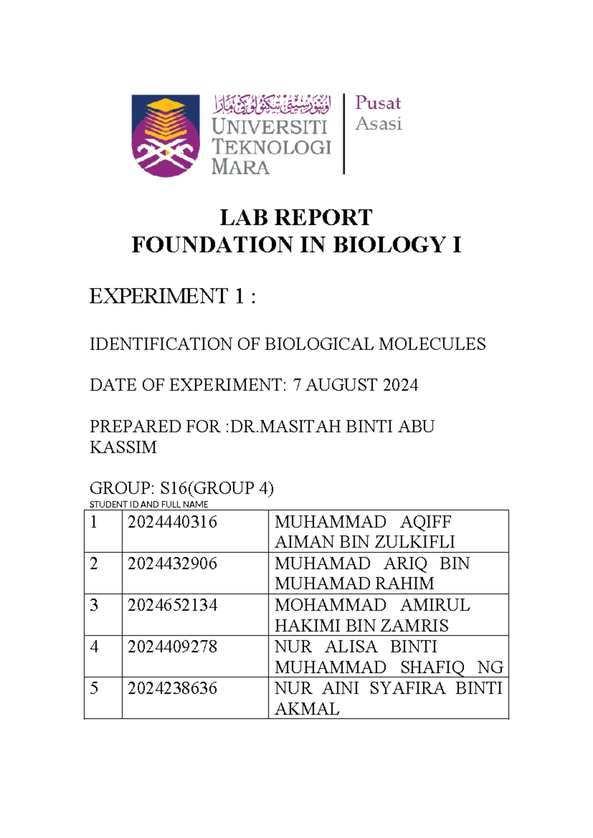 LAB Report-1 - IDENTIFICATION OF BIOLOGICAL MOLECULES - LAB REPORT ...
