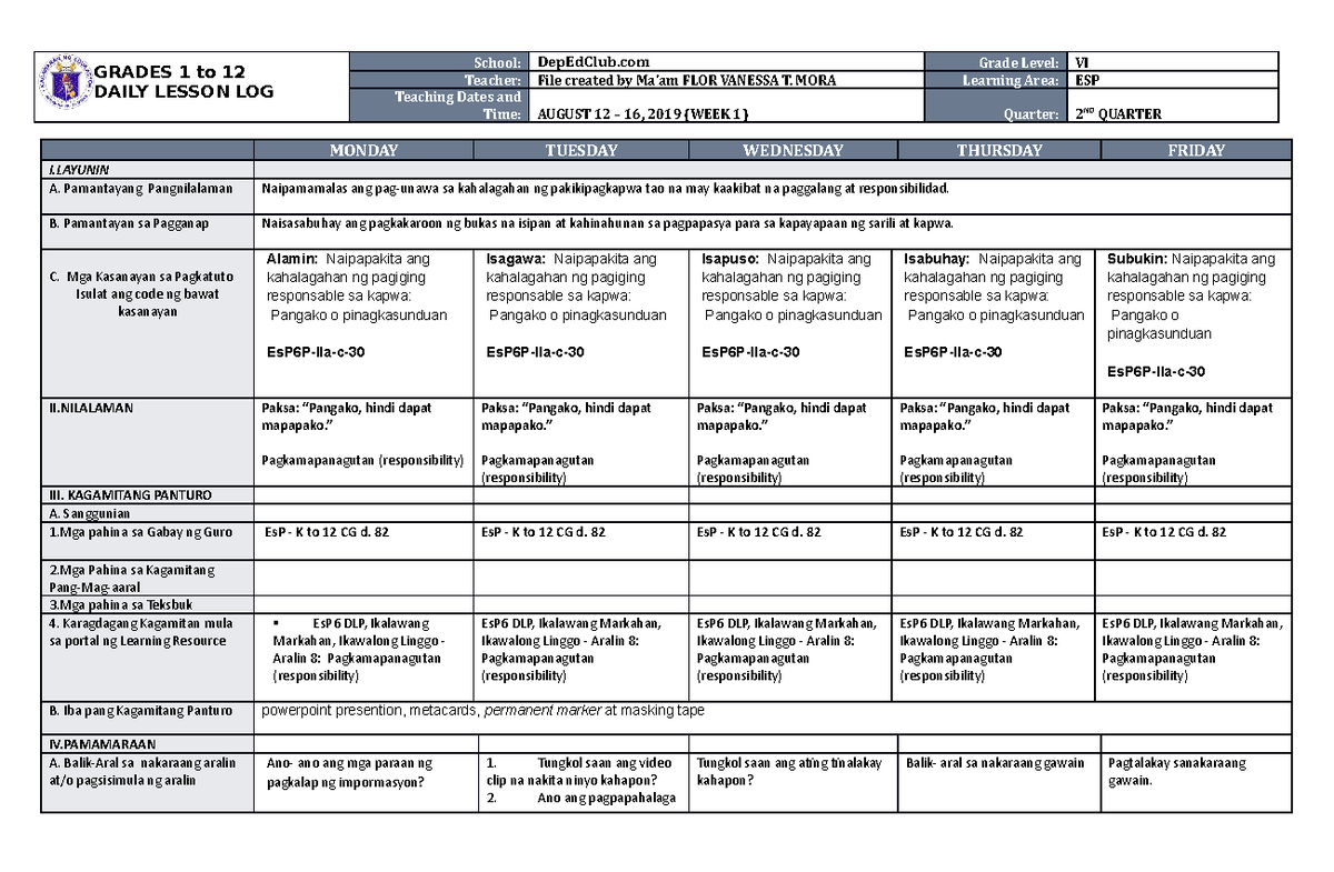 DLL ESP 6 Q2 W1 - Happy - GRADES 1 to 12 DAILY LESSON LOG School ...