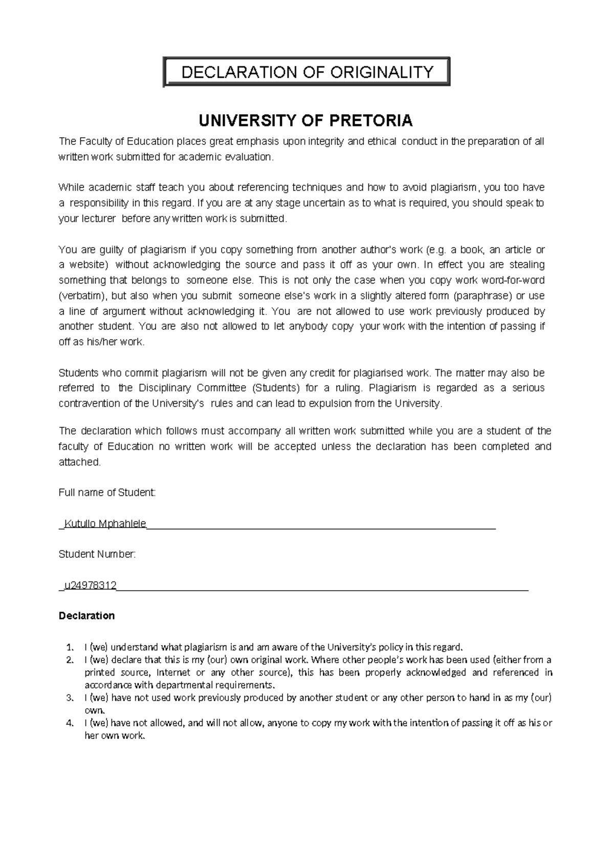 OPV 122 - Declaration OF Originality 2024 - DECLARATION OF ORIGINALITY ...