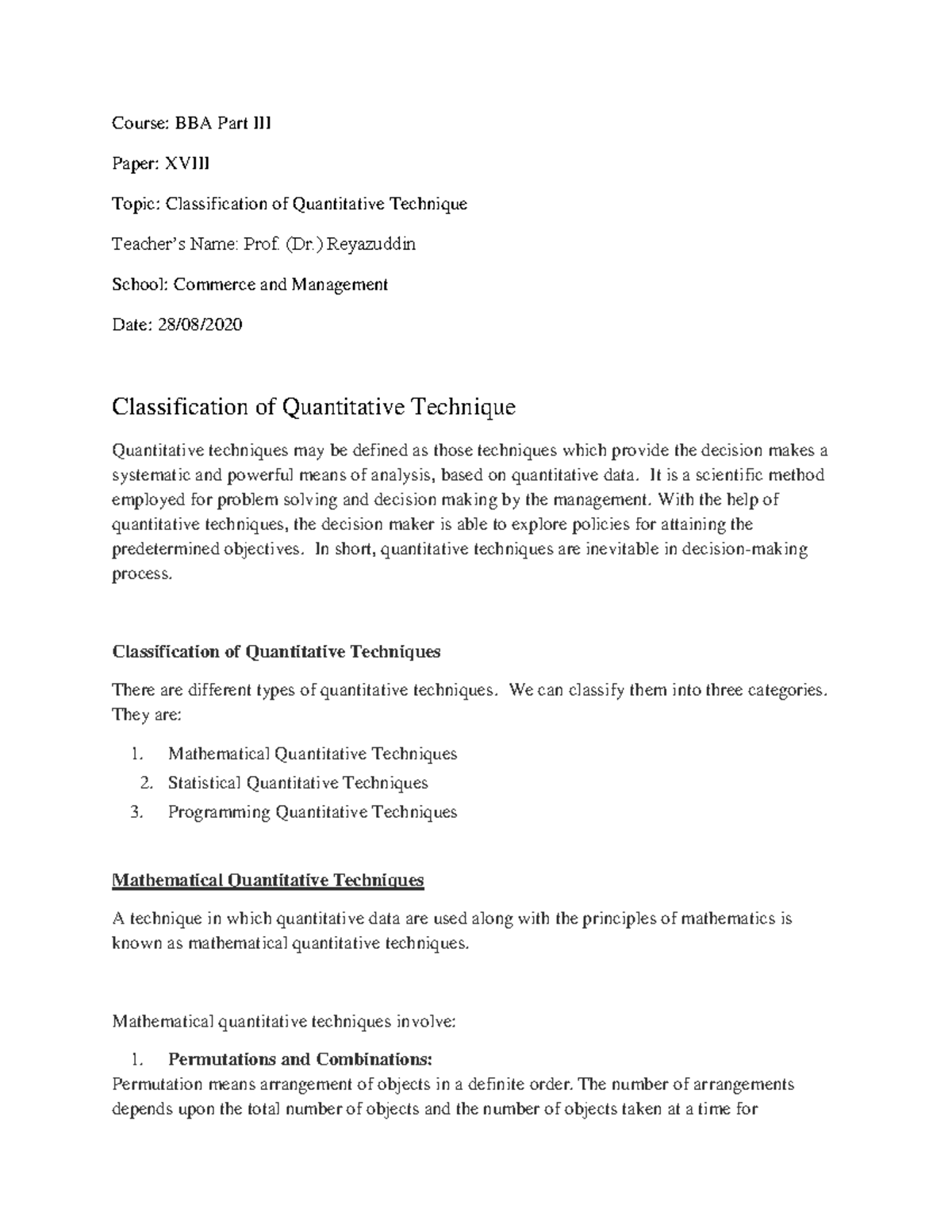Bba2 - Classification of Quantitative techniques. This is 2020 Admission onwards - Course: BBA ...