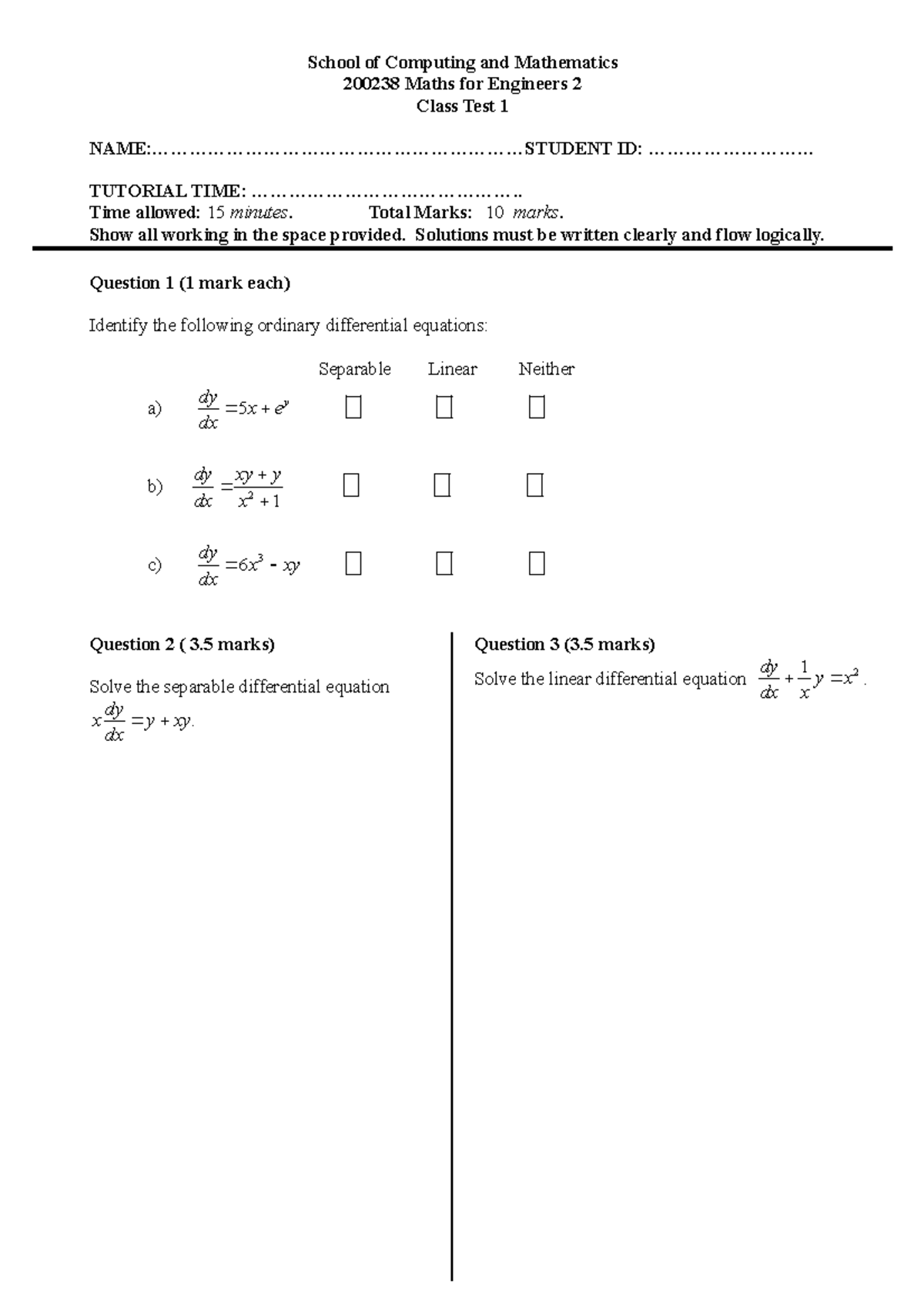 Class test 1 - Math - School of Computing and Mathematics 200238 Maths ...